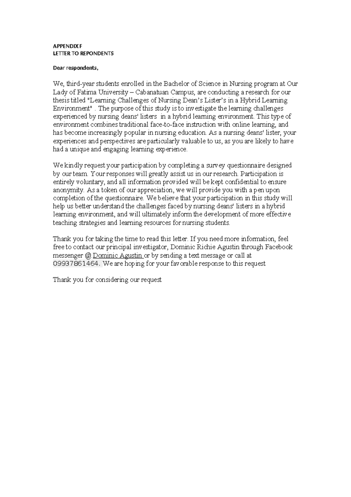 Chapter 5 kulangs - APPENDIX F LETTER TO REPONDENTS Dear respondents ...
