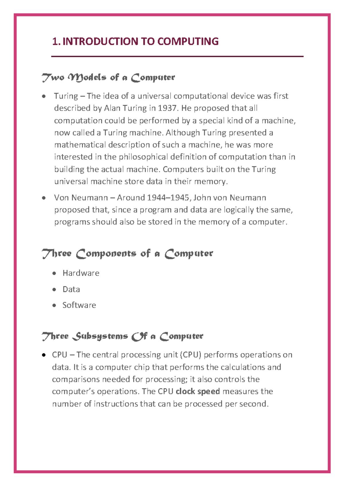 Introduction To Computing 1 Introduction To Computing Two Models Of A Computer Turing The