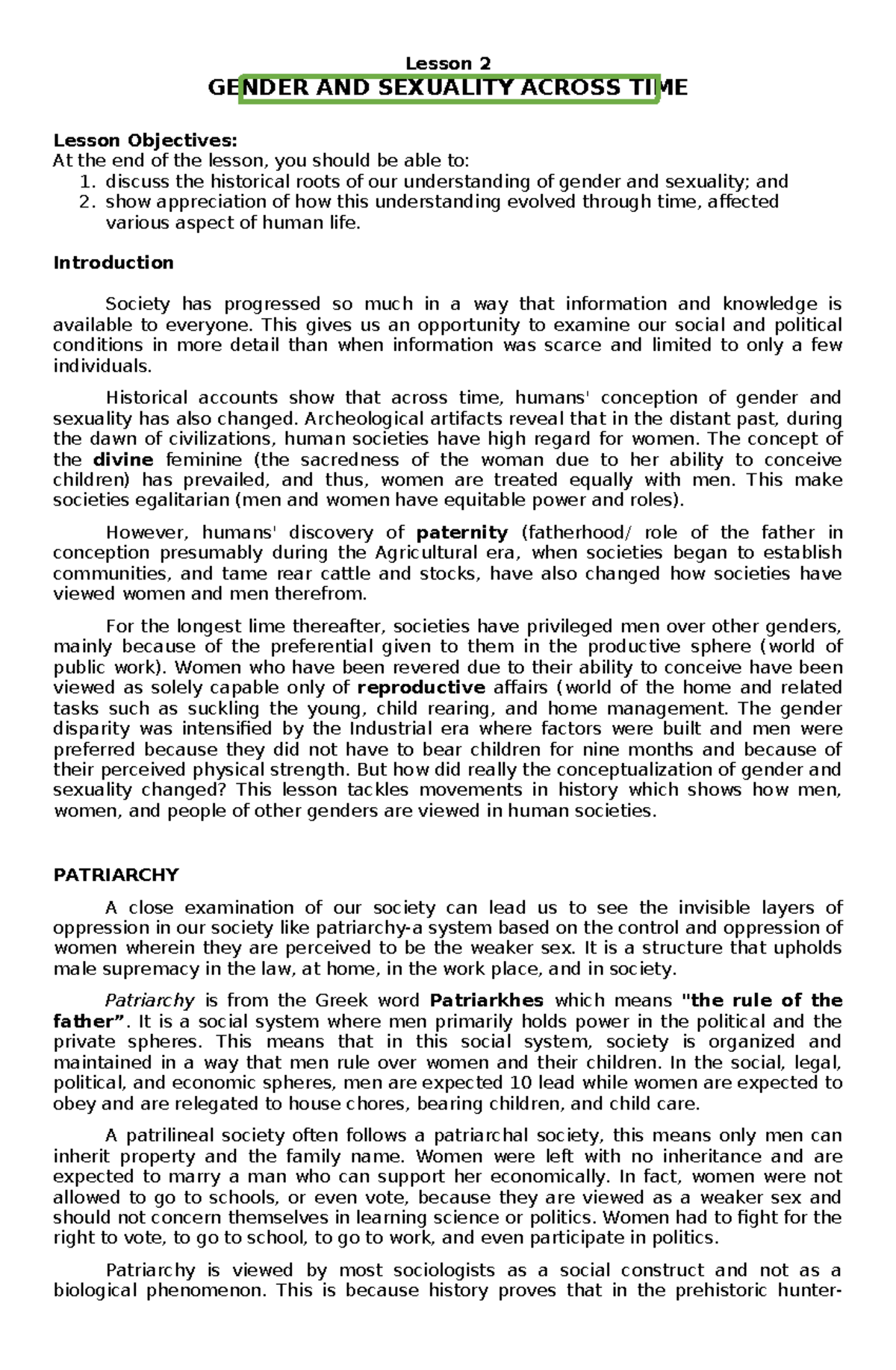 Lesson 2 - STRUCTURES OF GLOBALIZATION - Lesson 2 GENDER AND SEXUALITY ...