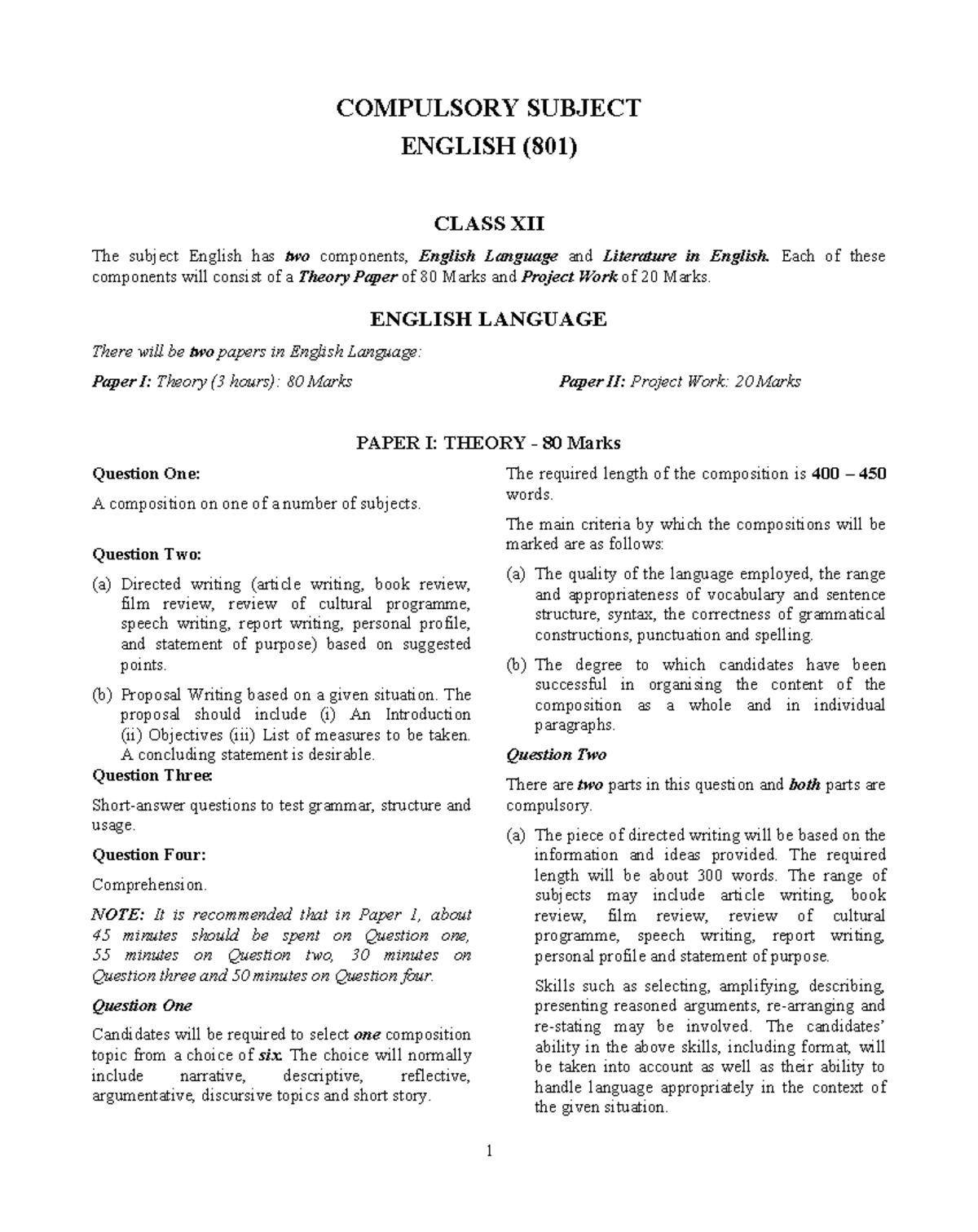 1. ISC English - COMPULSORY SUBJECT ENGLISH (801) CLASS XII The subject ...