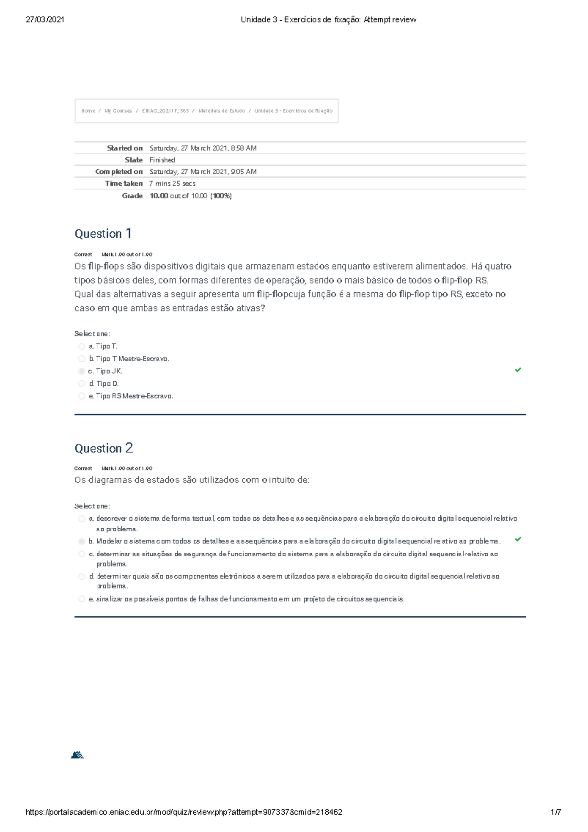 Unidade 3 - Exercícios de fixação Attempt review (Errado 9) - Home /My ...