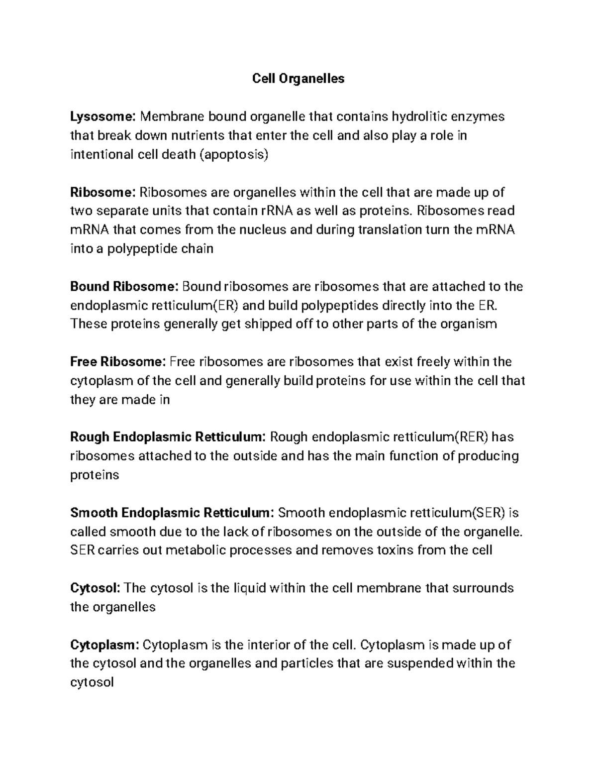 Cell Organelles Vocab 1 - Cell Organelles Lysosome: Membrane bound ...