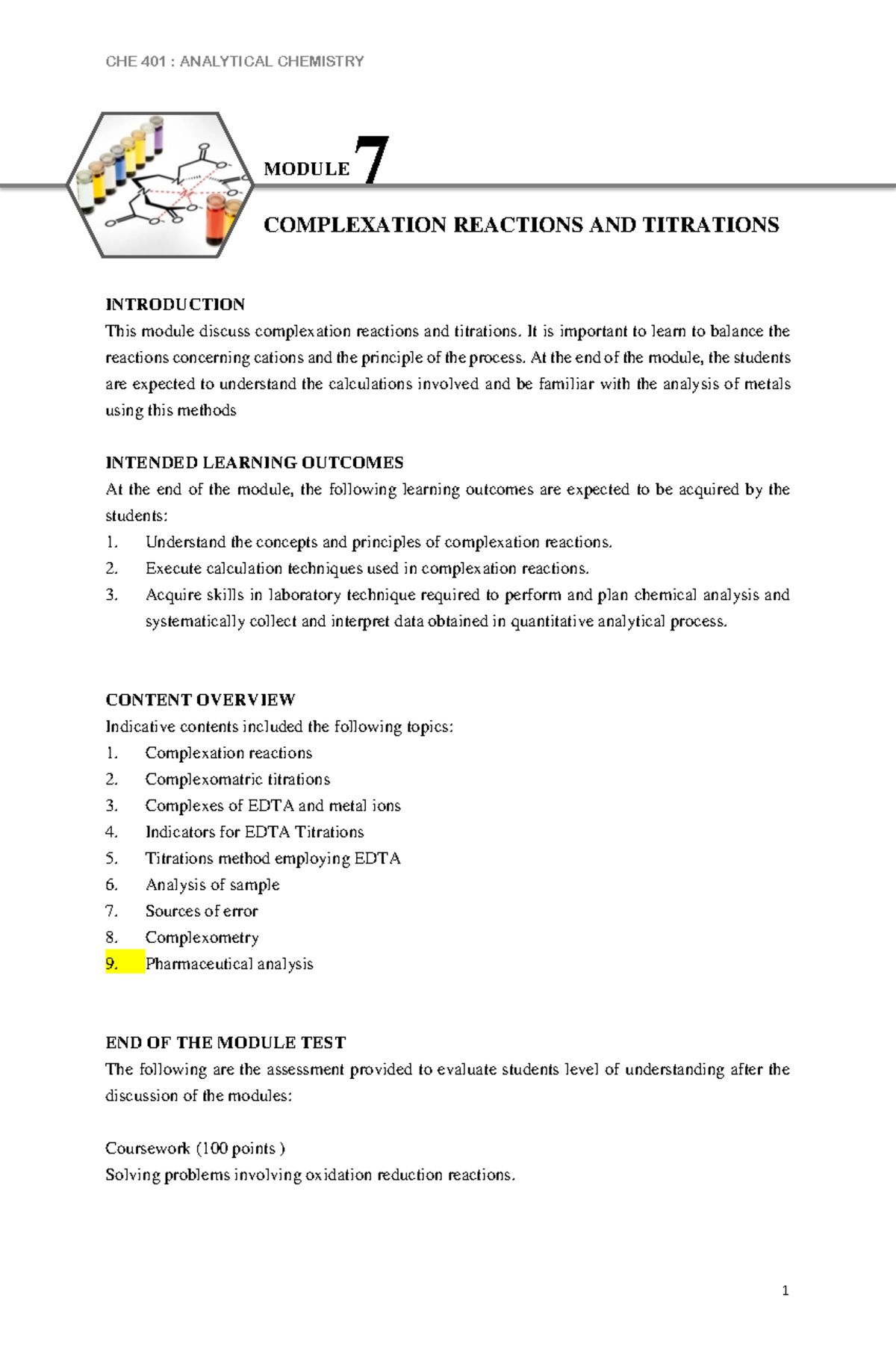 Achem Mod7 - Module for Analytical subject - MODULE 7 COMPLEXATION ...