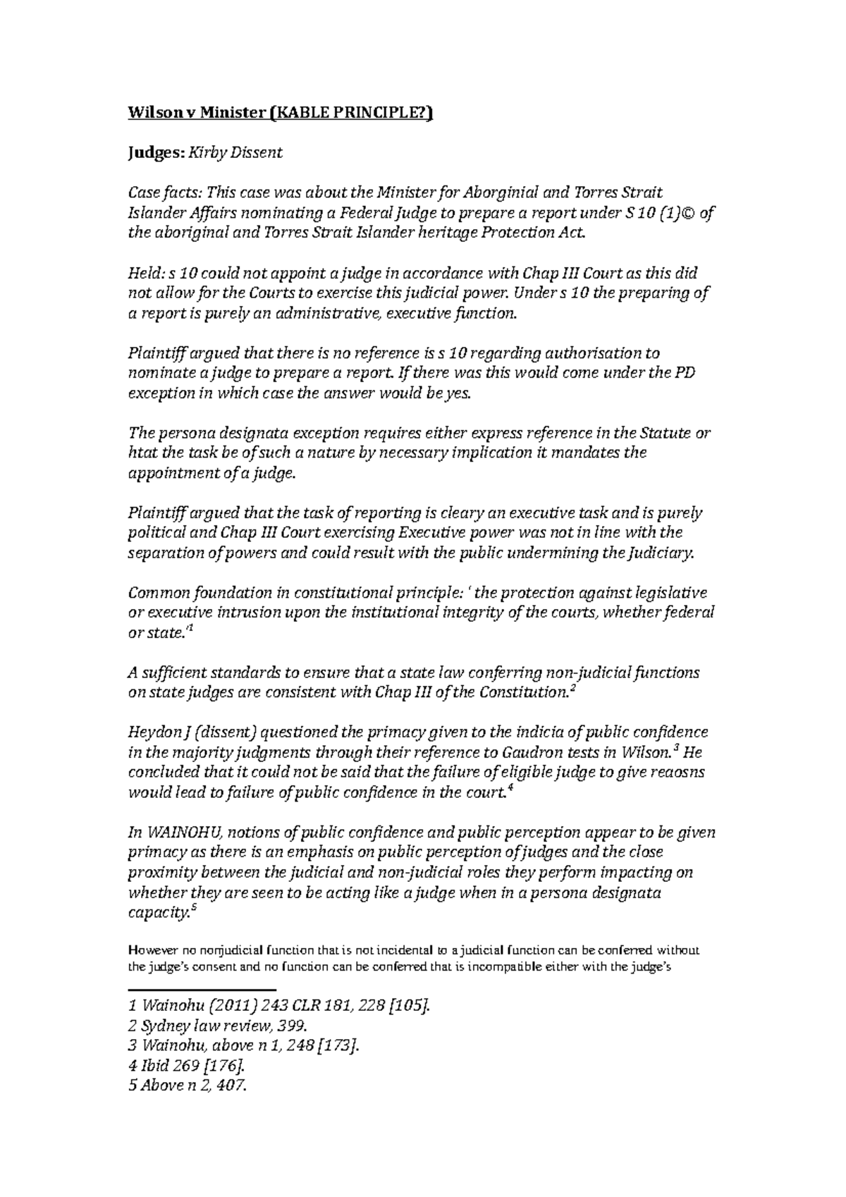 Wilson (notes) - Case Summaries - Wilson v Minister (KABLE PRINCIPLE ...