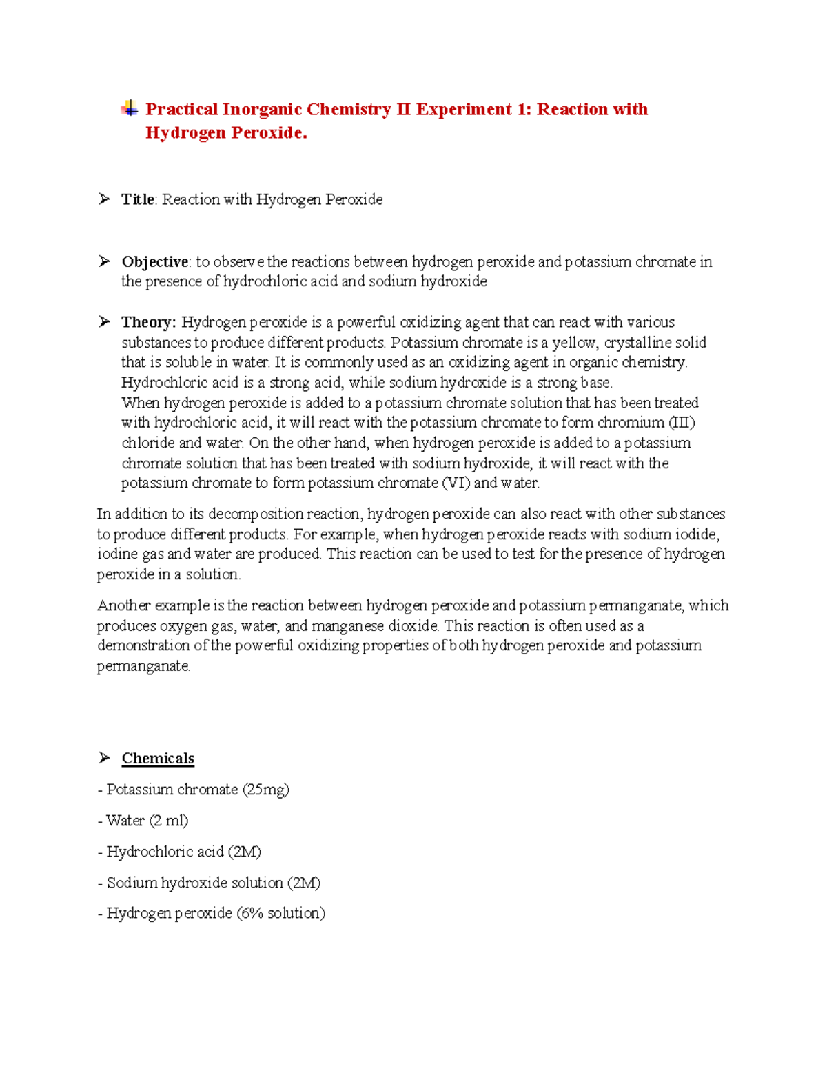 Practical Inorganic Chemistry II Experiment 1&2 - Title: Reaction with ...