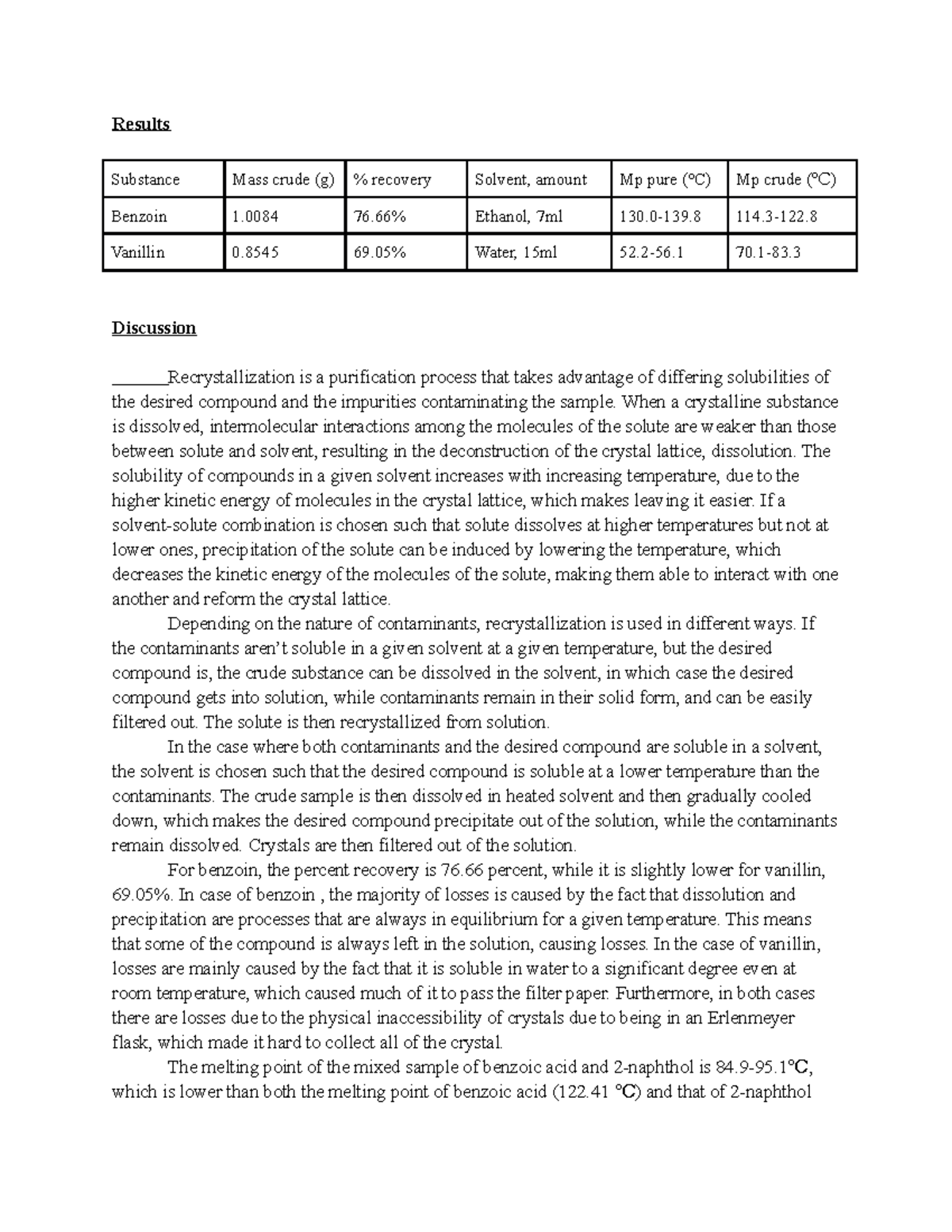 CHEM237 Lab 4 - Lab report for experiment 4 - Results Substance Mass ...
