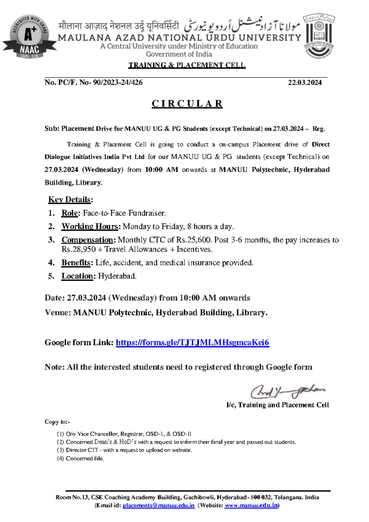 DDI Circular - 426 - TRAINING & PLACEMENT CELL No. PC/F. No- 90/2023-24/4 26 22. C I R C U L A R ...