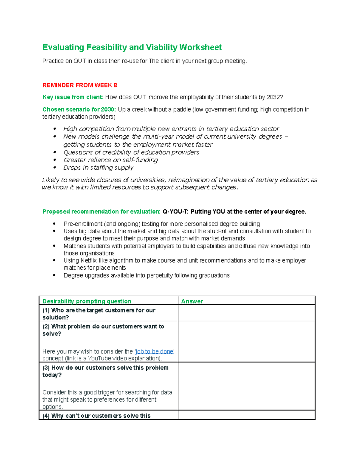 Viability feasibility worksheet - Evaluating Feasibility and Viability ...