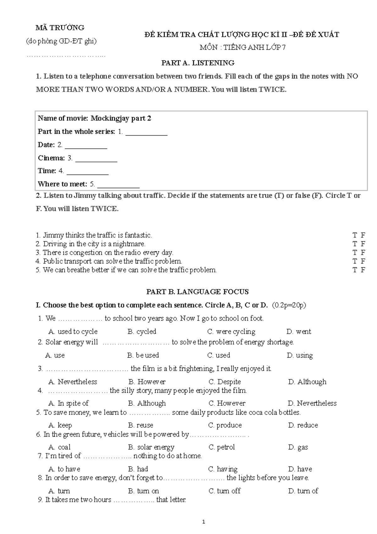 Final test 5 for grade 7 - subject english - MÃ TRƯỜNG (do phòng GD-ĐT ...