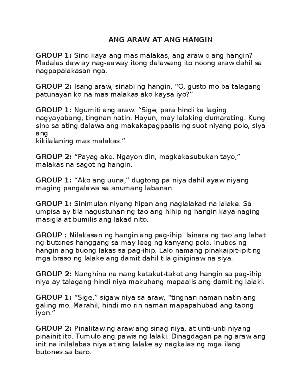 ANG ARAW AT ANG Hangin