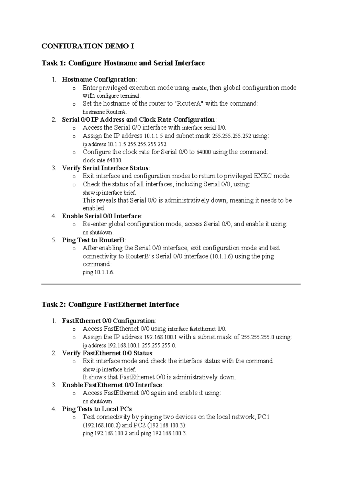 Network systems administration - CONFIURATION DEMO I Task 1: Configure ...