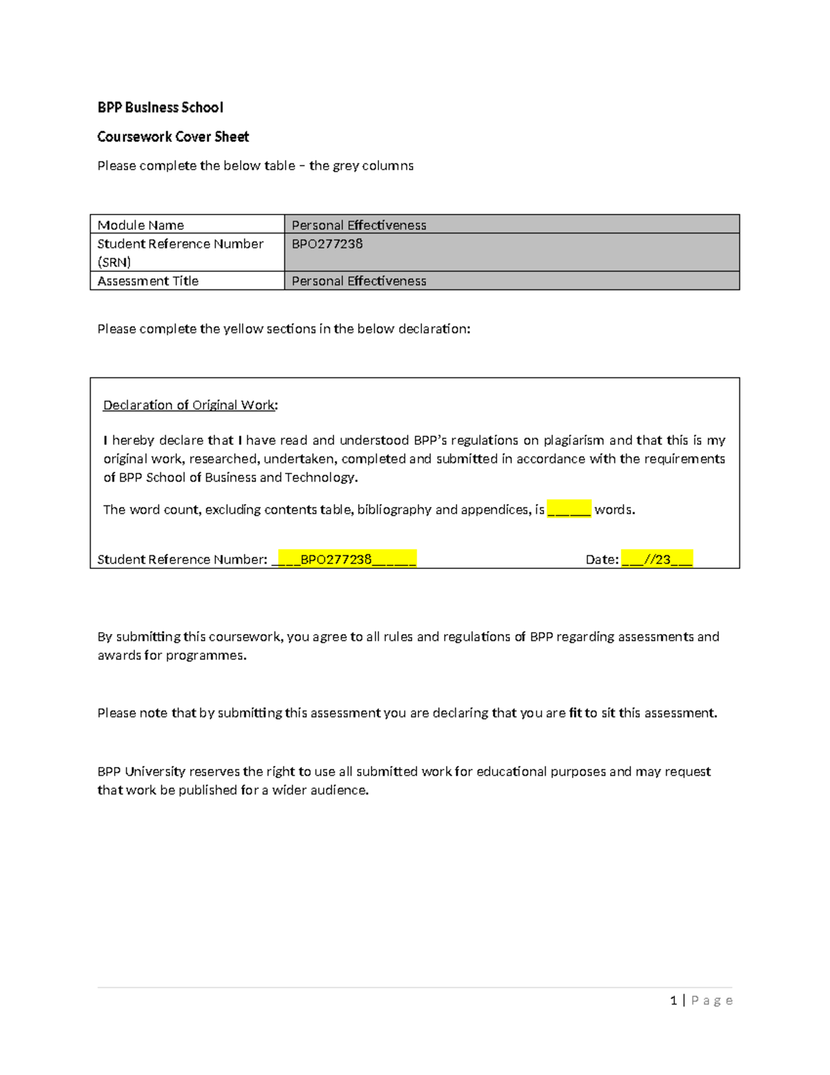 Personal Effectiveness 698009 1038575834 - BPP Business School Coursework Cover Sheet Please ...