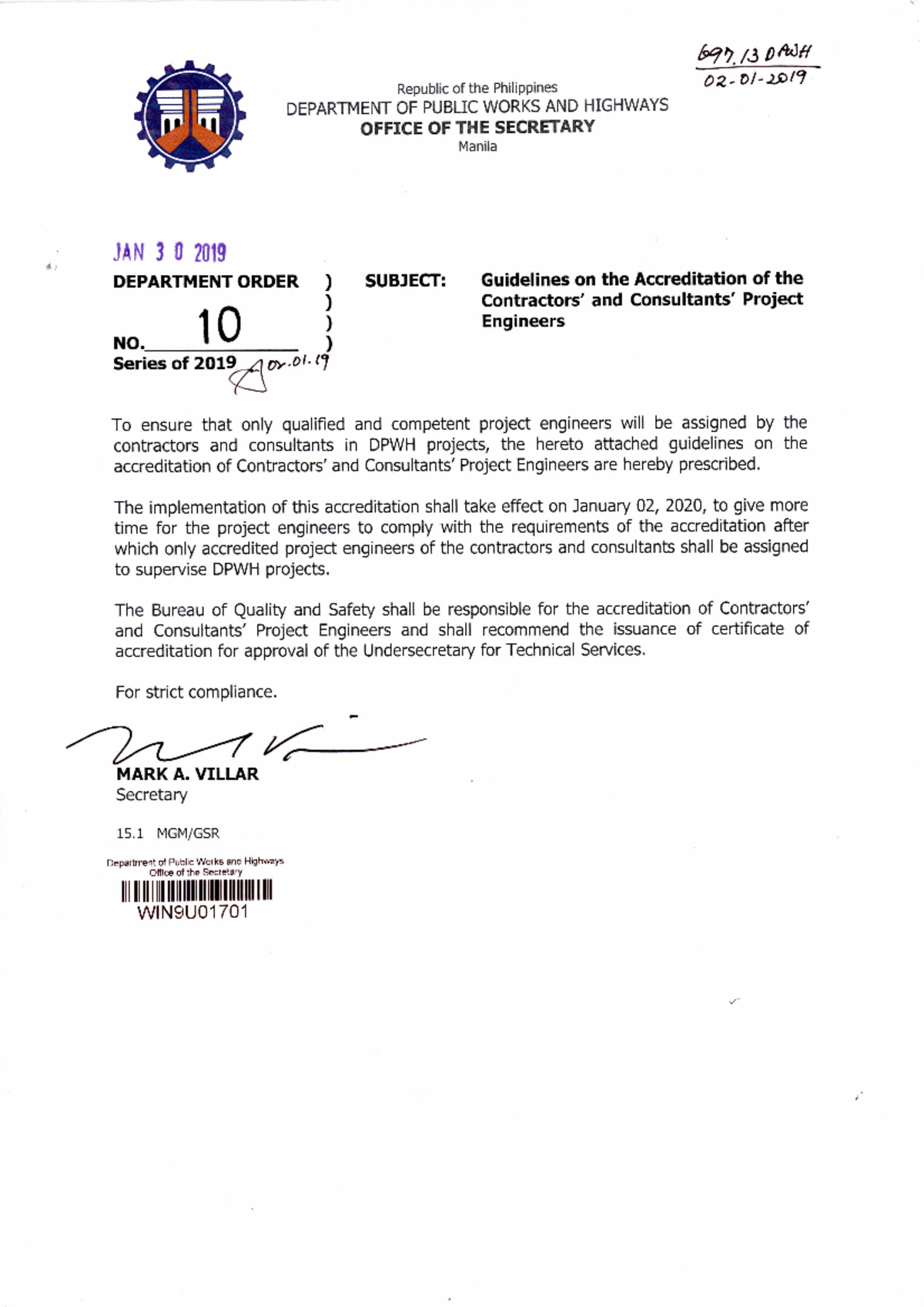 DO 010 S2019 - GUIDELINES ON THE ACCREDITATION OF PROJECT ENGINEERS ...