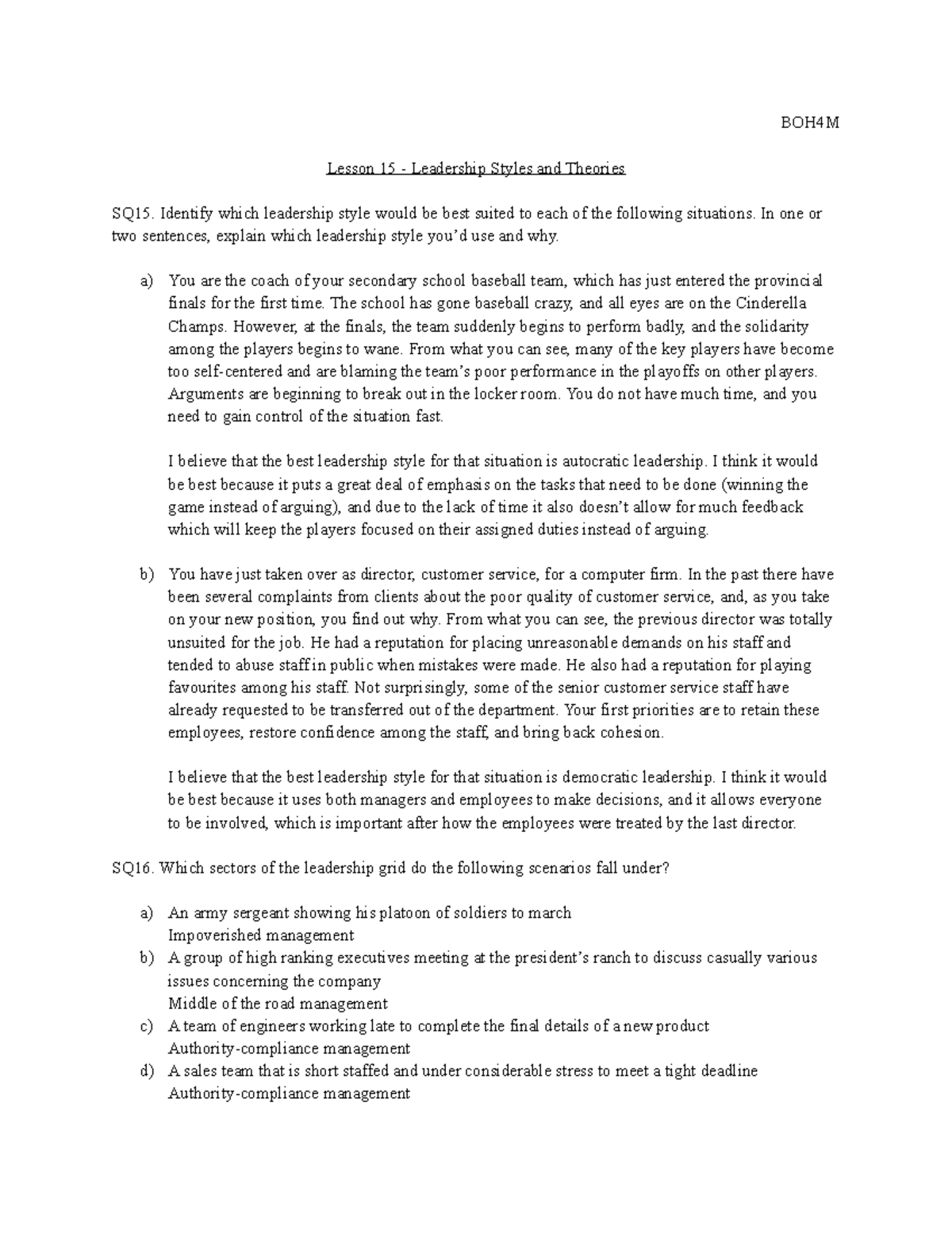 Lesson 15 - Leadership Styles and Theories - BOH4M Lesson 15 ...