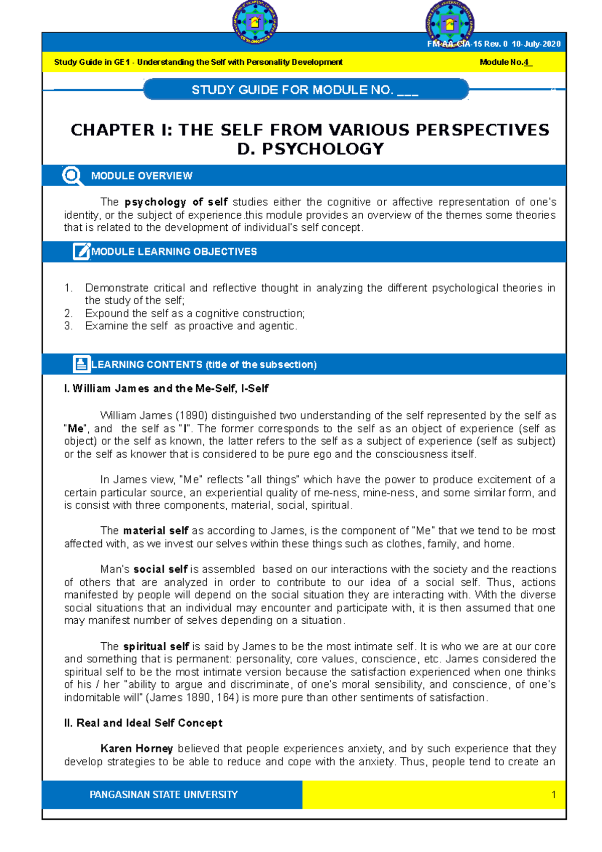 GE1 Module 4 - Psychology - Understanding the Self - PangSU - Studocu