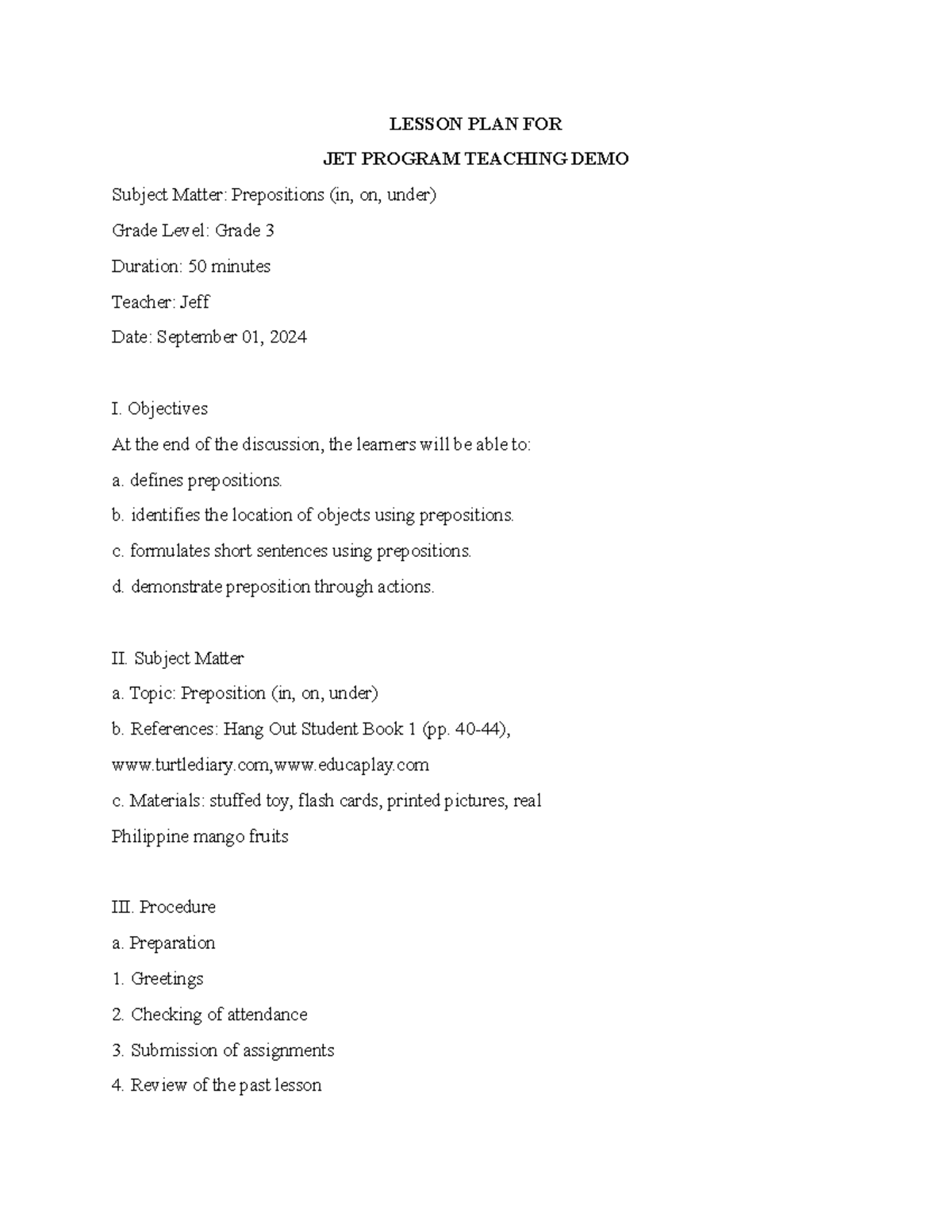 Sample Lesson Plan for Assistant Language Teacher (ALT) of JET program ...