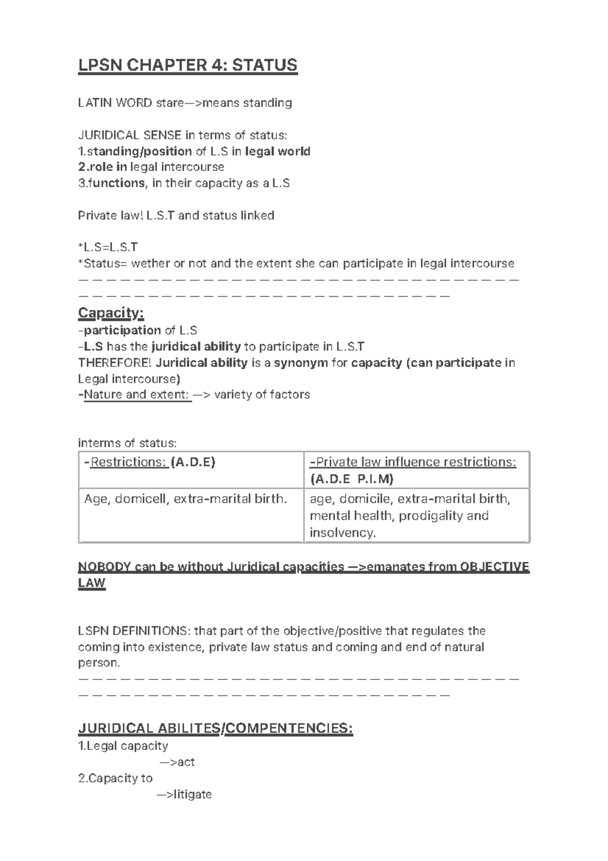 LPSN Chapter 4: Status - LPSN CHAPTER 4: STATUS LATIN WORD stare—>means standing JURIDICAL SENSE ...