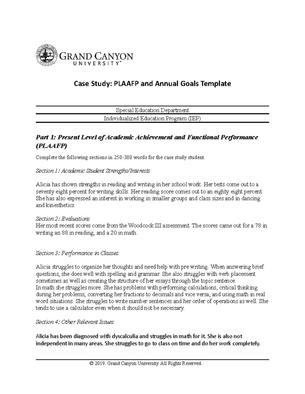 Jory T7 - Week sevens final assignment - Case Study: PLAAFP and Annual ...