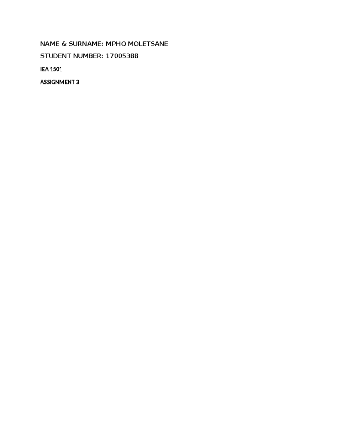 Assignment - CLARIFICATION - NAME & SURNAME: MPHO MOLETSANE STUDENT ...