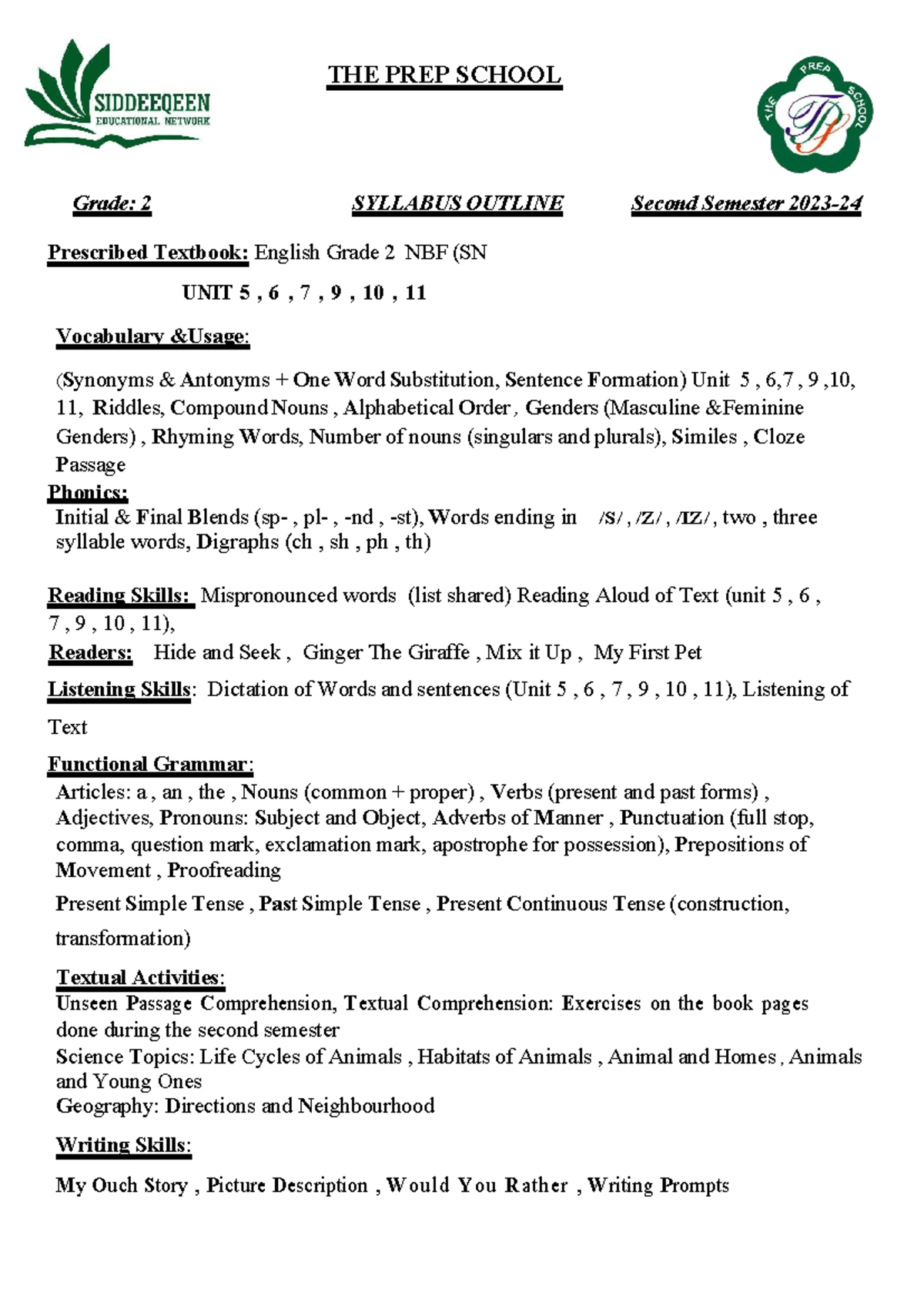 Syllabus Outline Second Sem 23 - THE PREP SCHOOL CL: 2 Grade: 2 ...