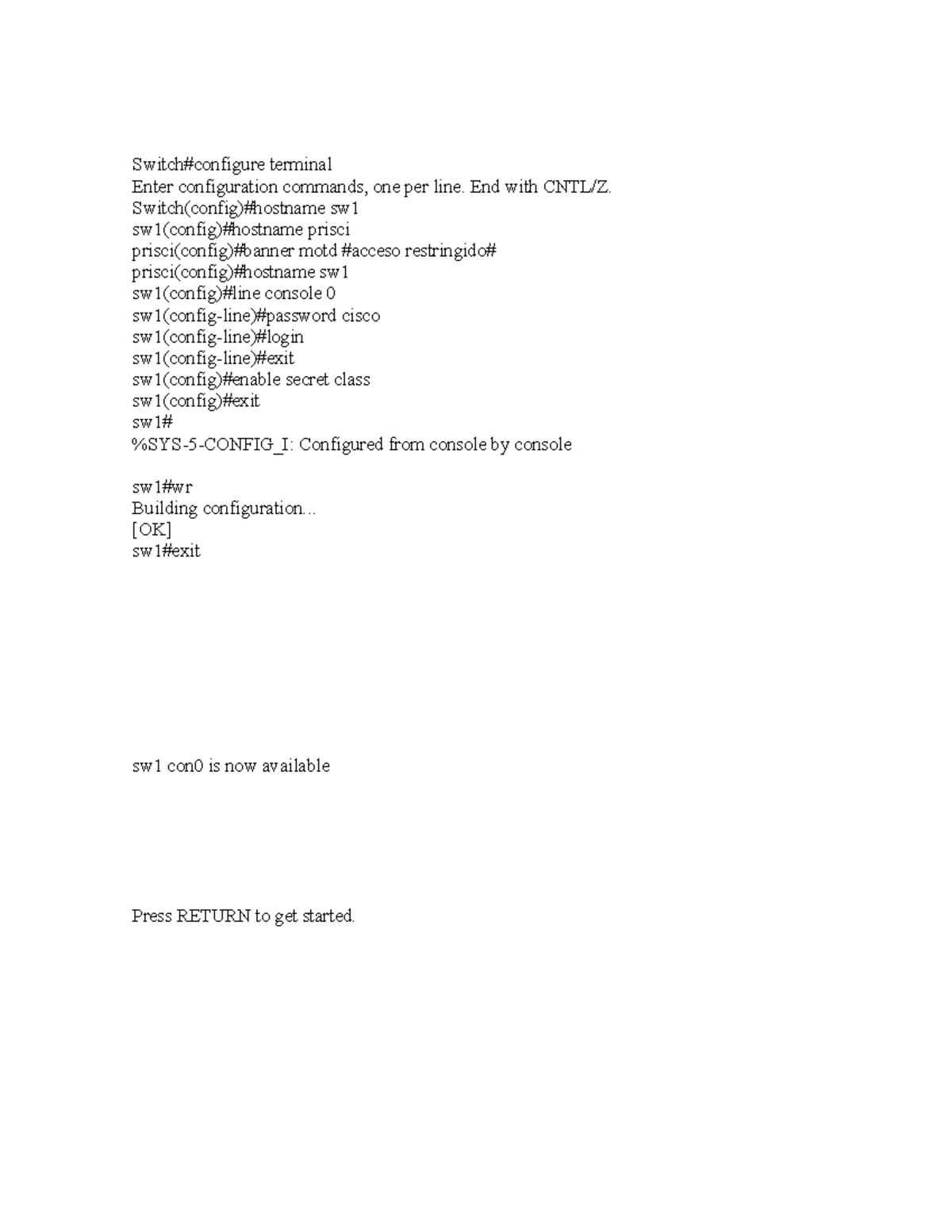 Comandos de configuracion de un switch - Switch#configure terminal ...