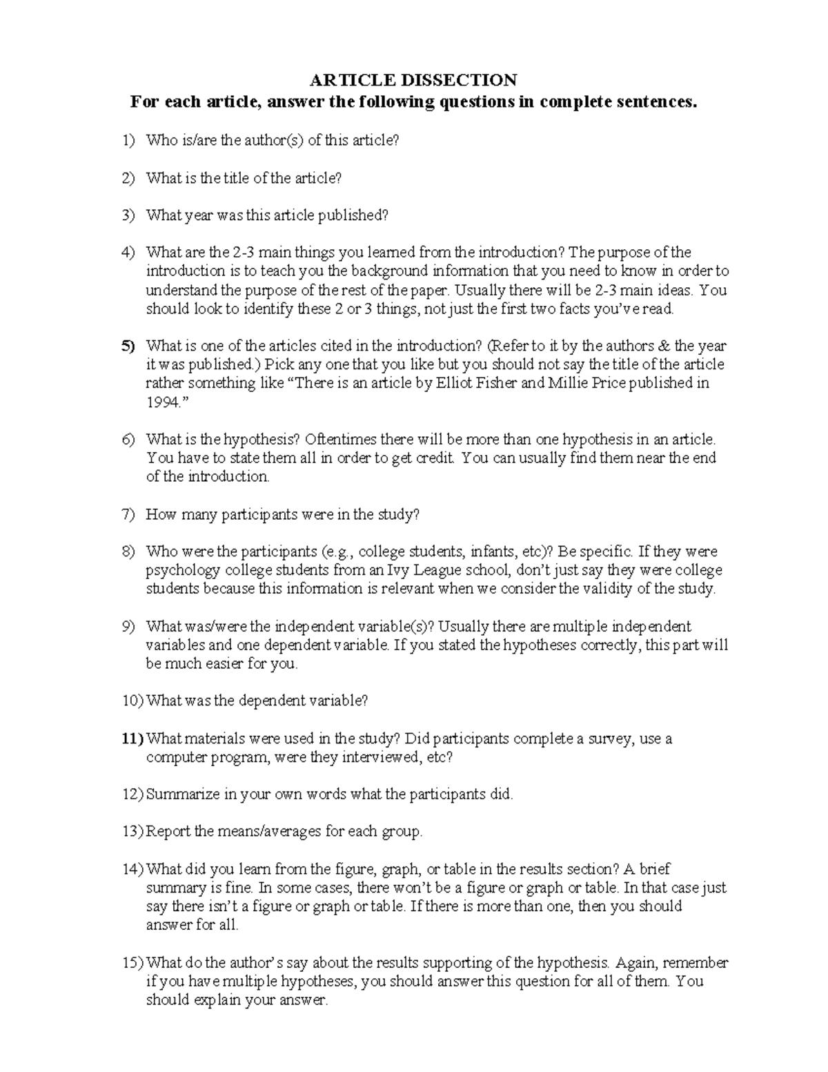 Article Dissection Questions PSY1200 (5)-1 - ARTICLE DISSECTION For ...