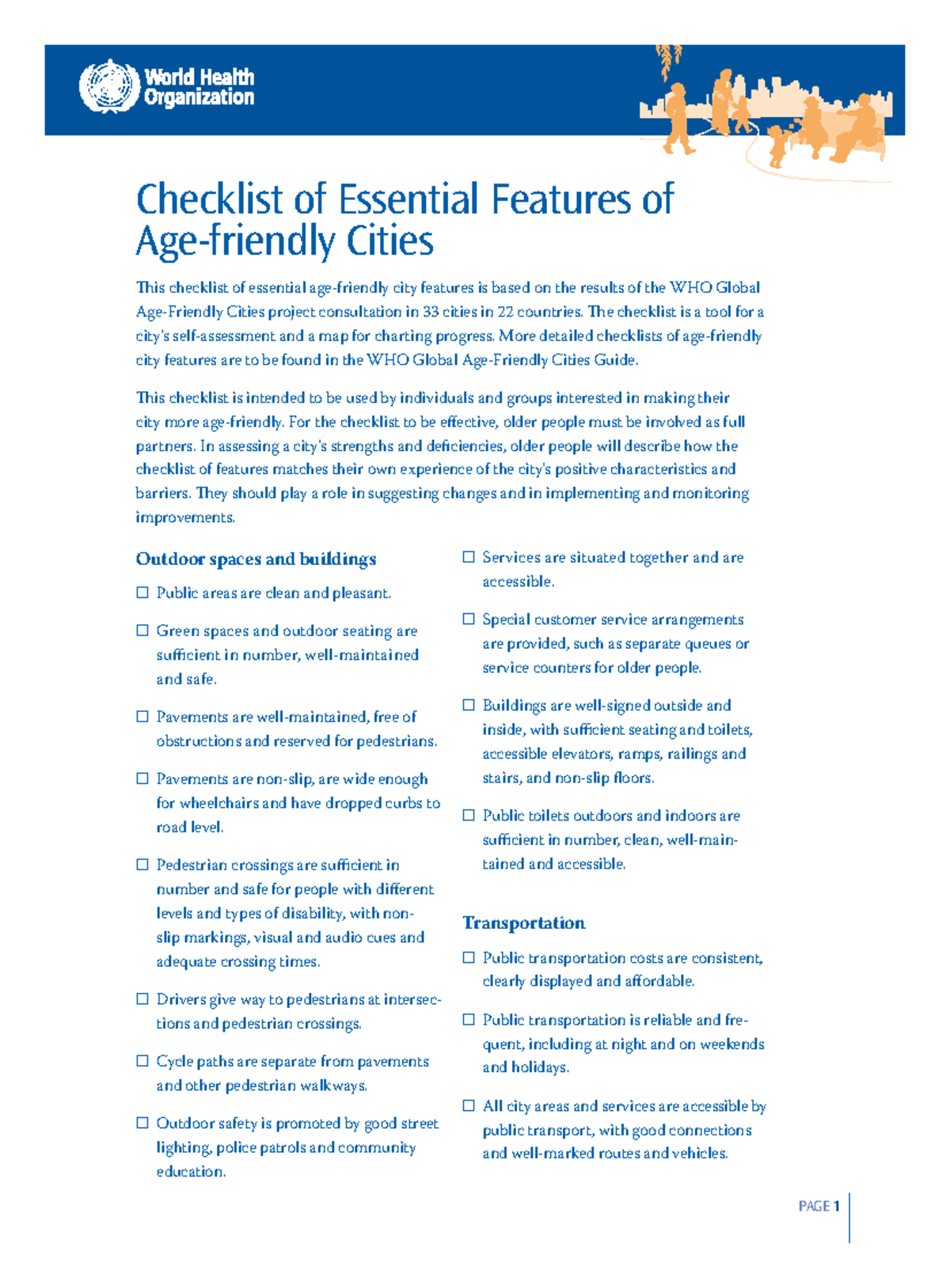 Age friendly cities checklist - Checklist of Essential Features of Age ...