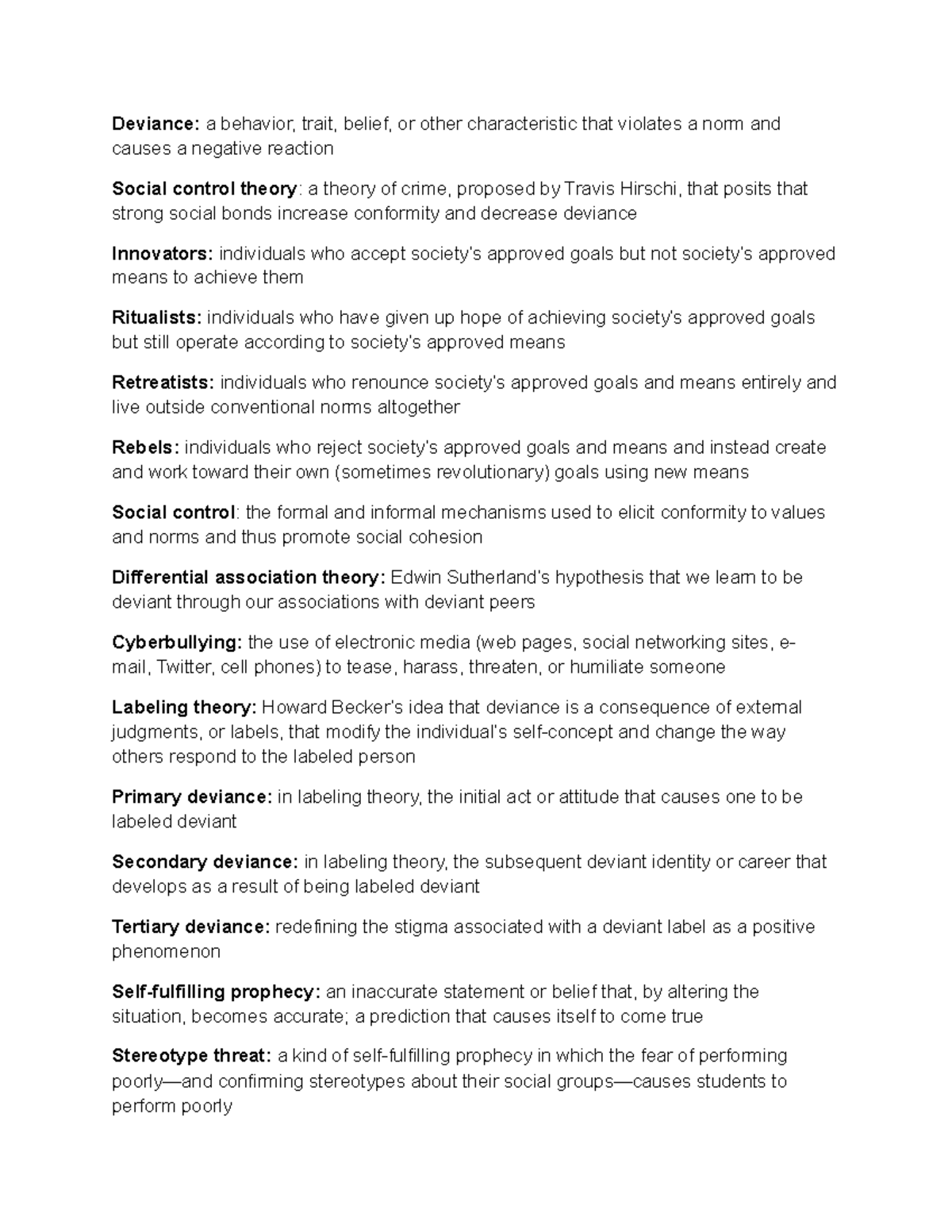 Introduction to Sociology Chapter 6 Vocab - Deviance: a behavior, trait ...