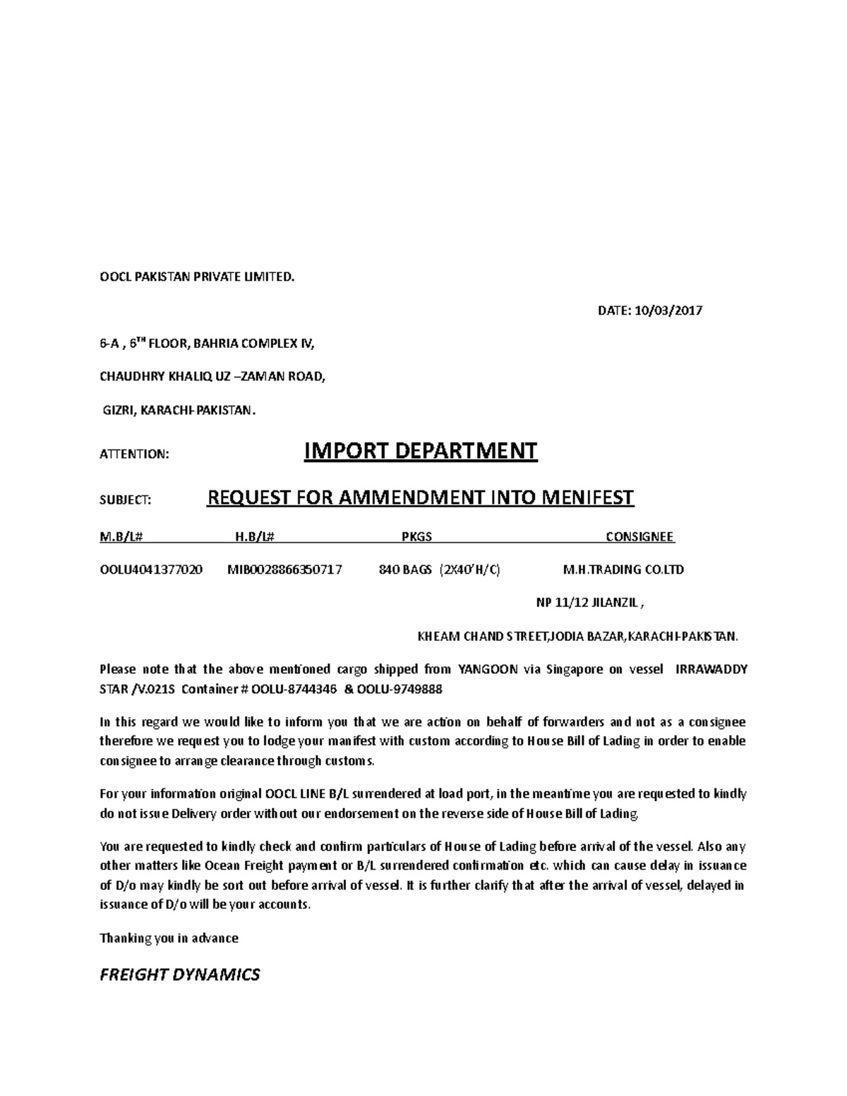 Import Manifest Letter - OOCL PAKISTAN PRIVATE LIMITED. DATE: 10/03/ 6 ...