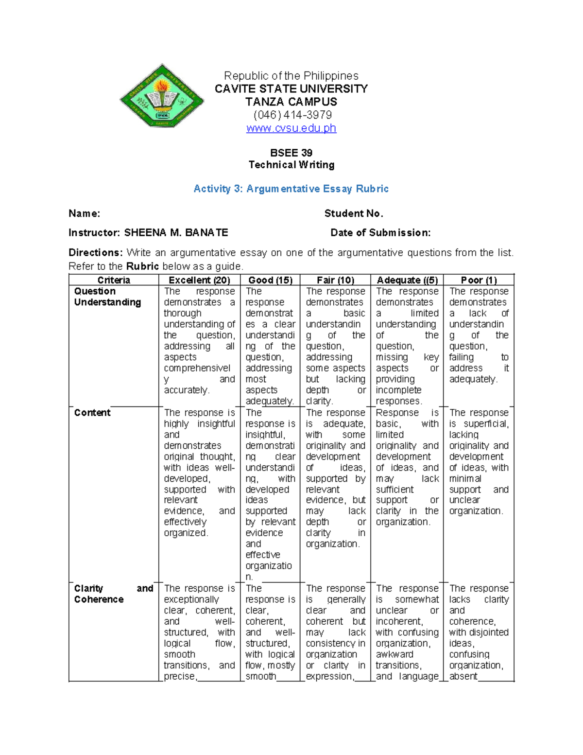 Argumentative Essay Rubric - Republic of the Philippines CAVITE STATE ...