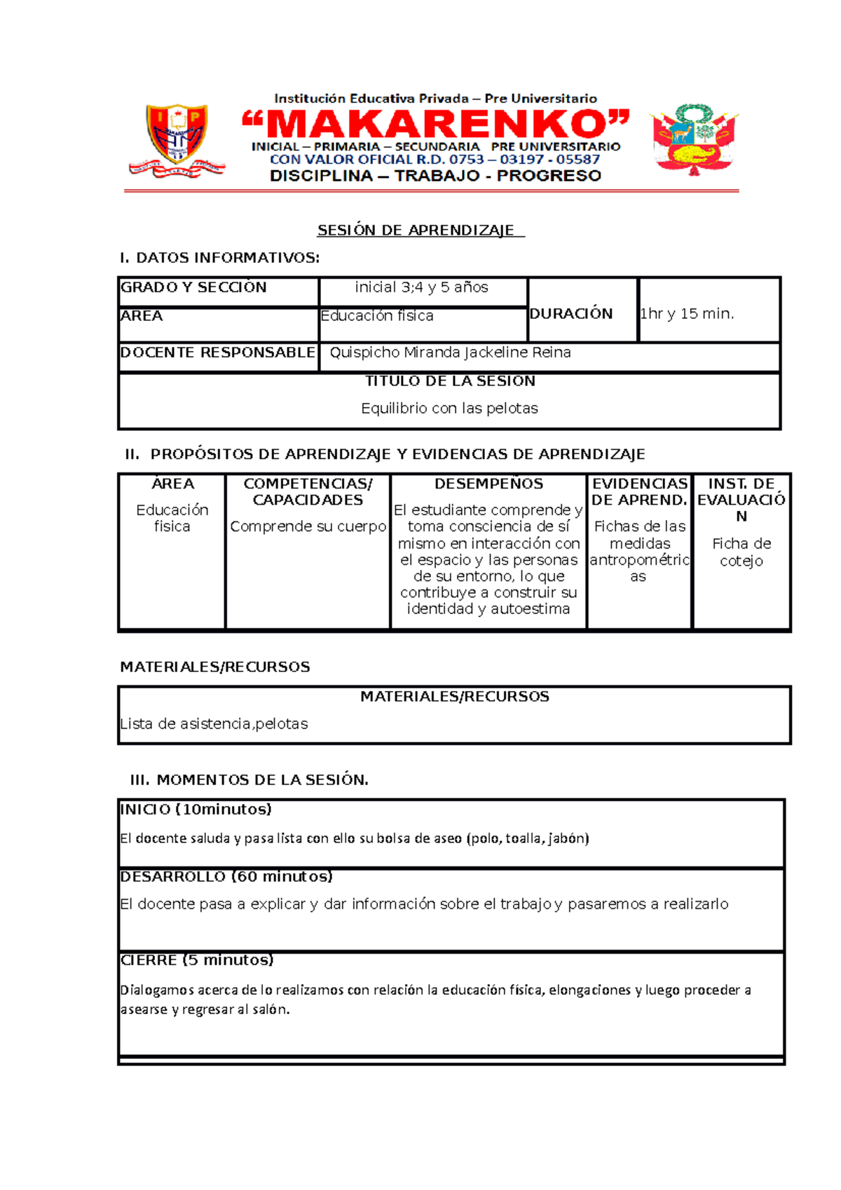 Modelo de inicial 3;4 y 5 - SESIÓN DE APRENDIZAJE I. DATOS INFORMATIVOS: GRADO Y SECCIÓN inicial ...