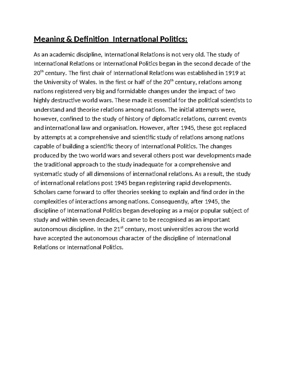 International Politics - The study of International Relations or ...