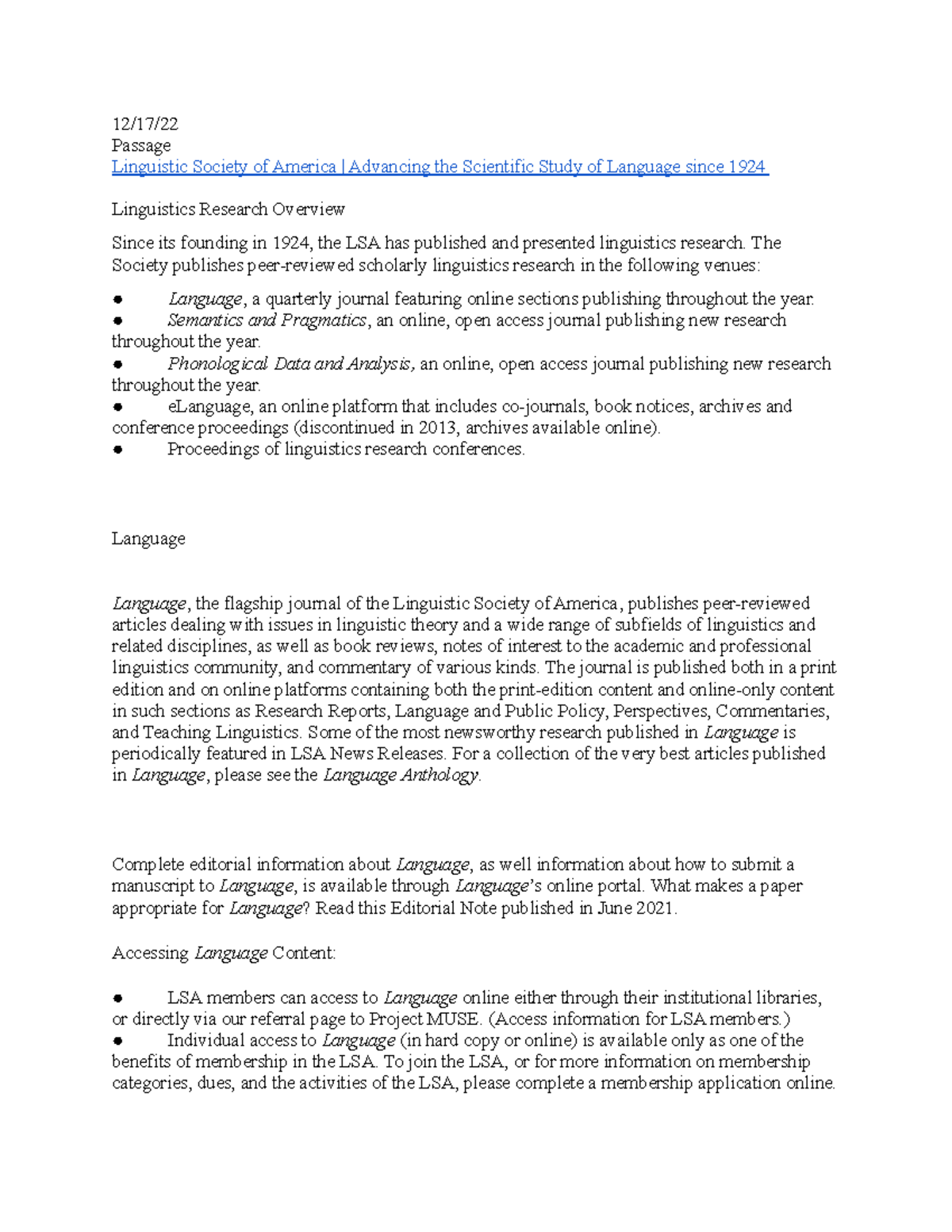 LLC Research passage - Pro Miller - 12/17/ Passage Linguistic Society ...