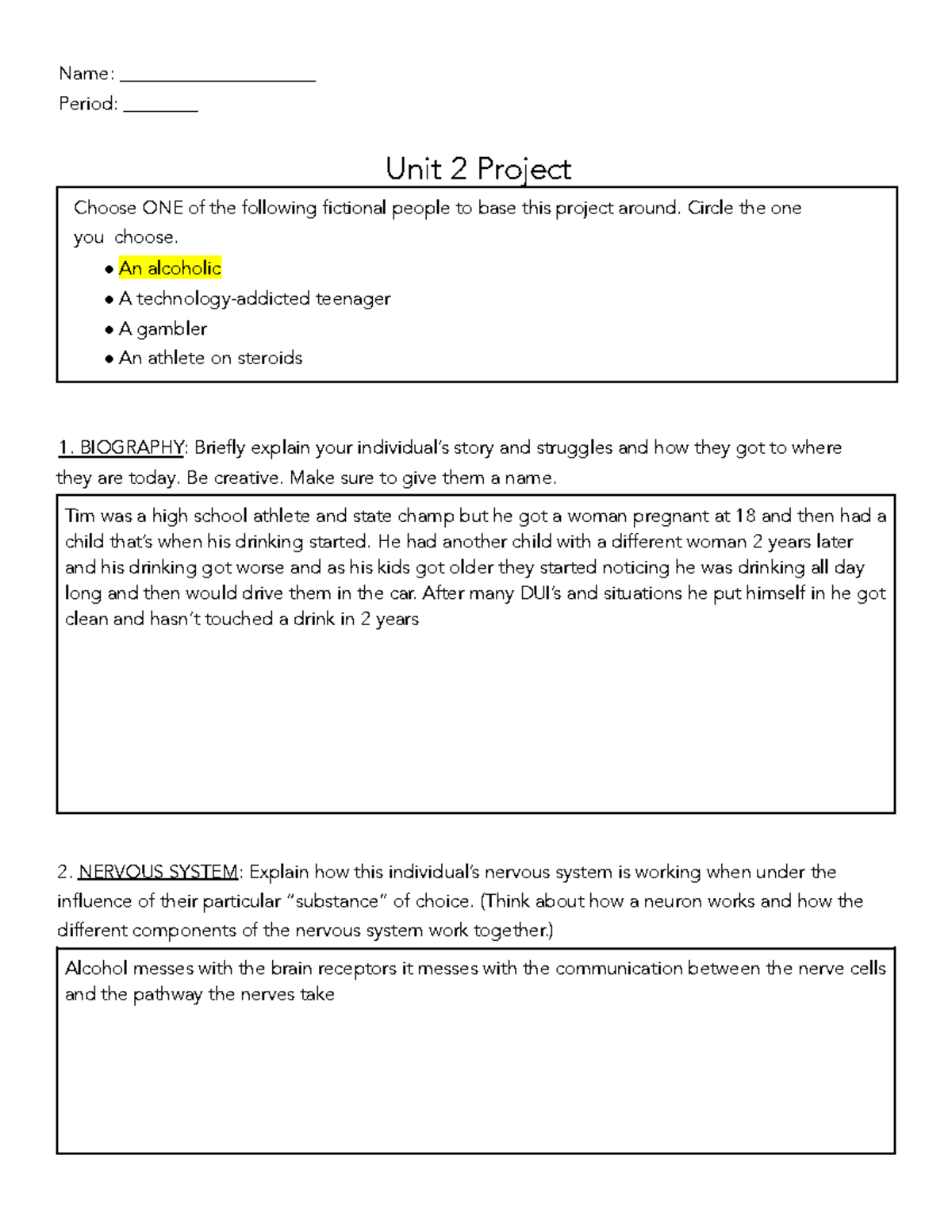 Copy of Unit 2 Project-Bio Psych - Name: _____________________ Period: ________ Unit 2 Project ...