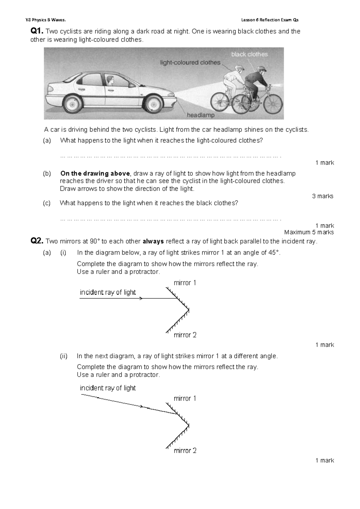 Task 4 Exam questions - Y8 Physics B Waves. Lesson 6 Reflection Exam Qs ...