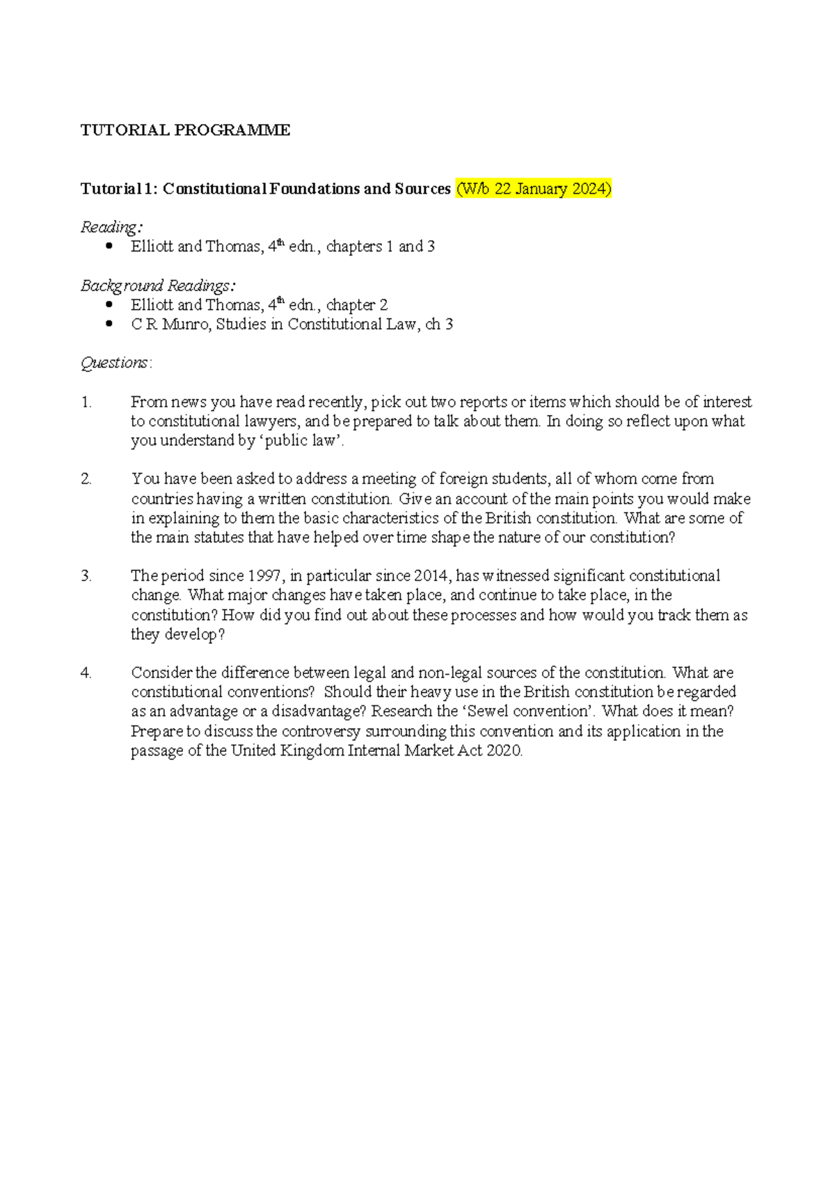 Tutorial Programme 2024 - TUTORIAL PROGRAMME Tutorial 1: Constitutional ...