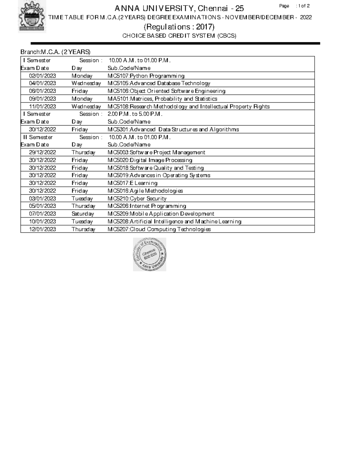 MCA 2 Years 2017 ND22 - MCA - ANNA UNIVERSITY, Chennai - 25 TIME TABLE FOR M.C.(2 YEARS) DEGREE ...