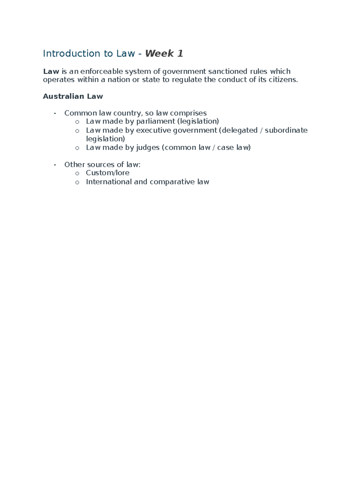Study notes for students - Introduction to Law - Week 1 Law is an ...