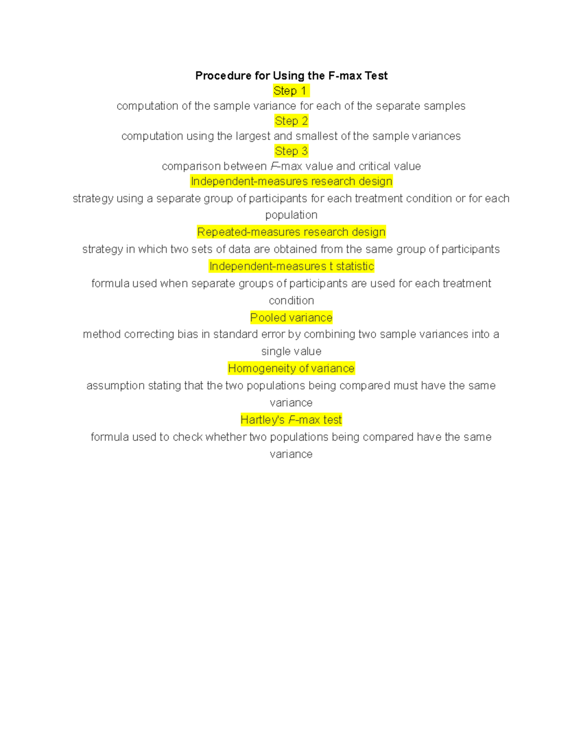 Mind Tap 10 Mastery - Procedure for Using the F-max Test Step 1 ...