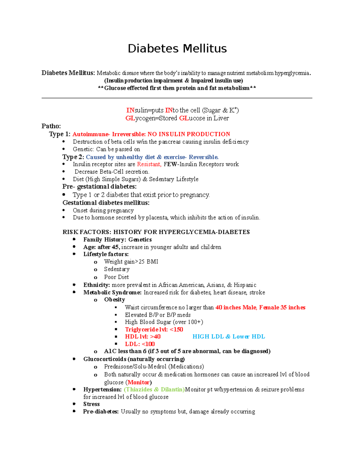 Test 3 Week 1 Outline - notes - Diabetes Mellitus Diabetes Mellitus ...