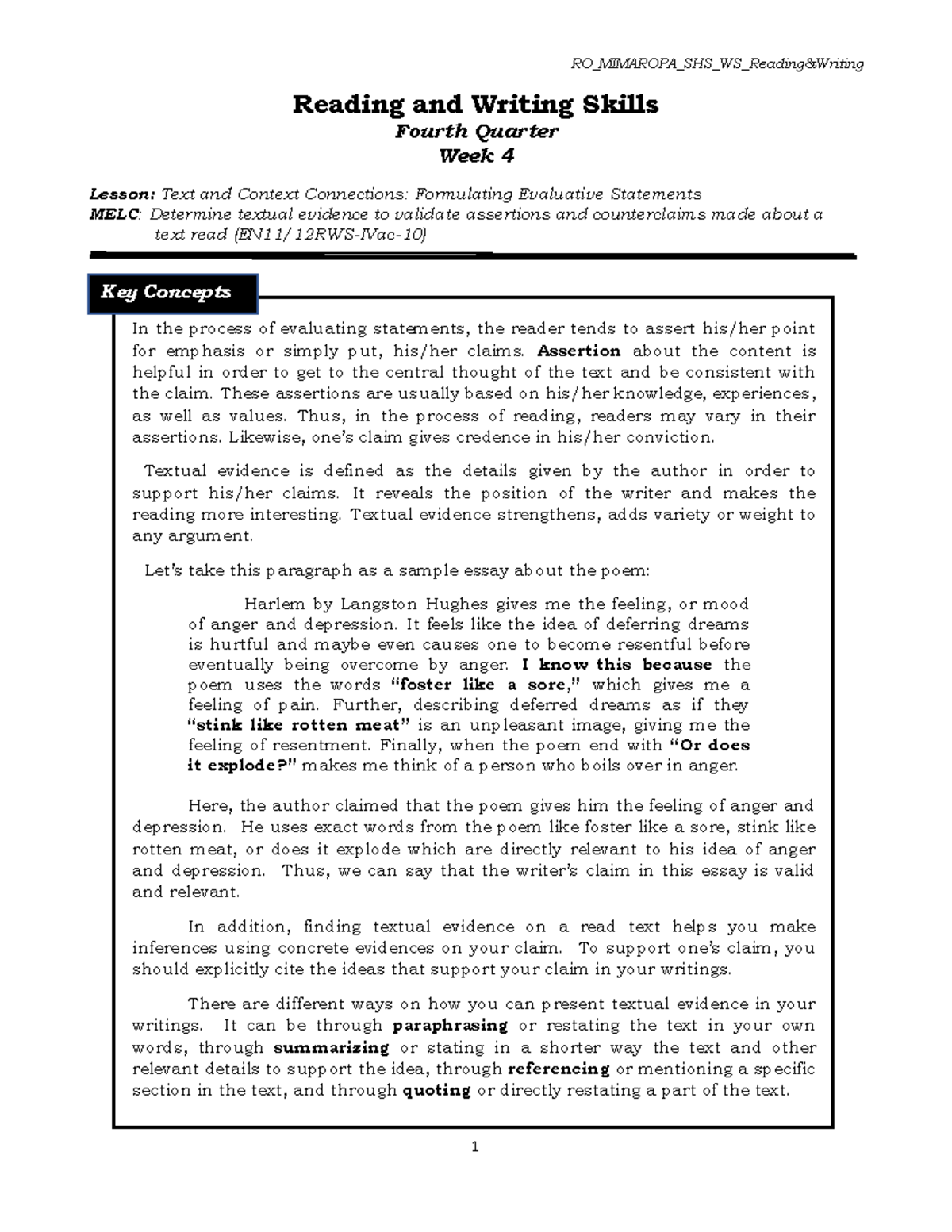 Senior High School - Reading and Writing - Week 4 - Reading and Writing ...