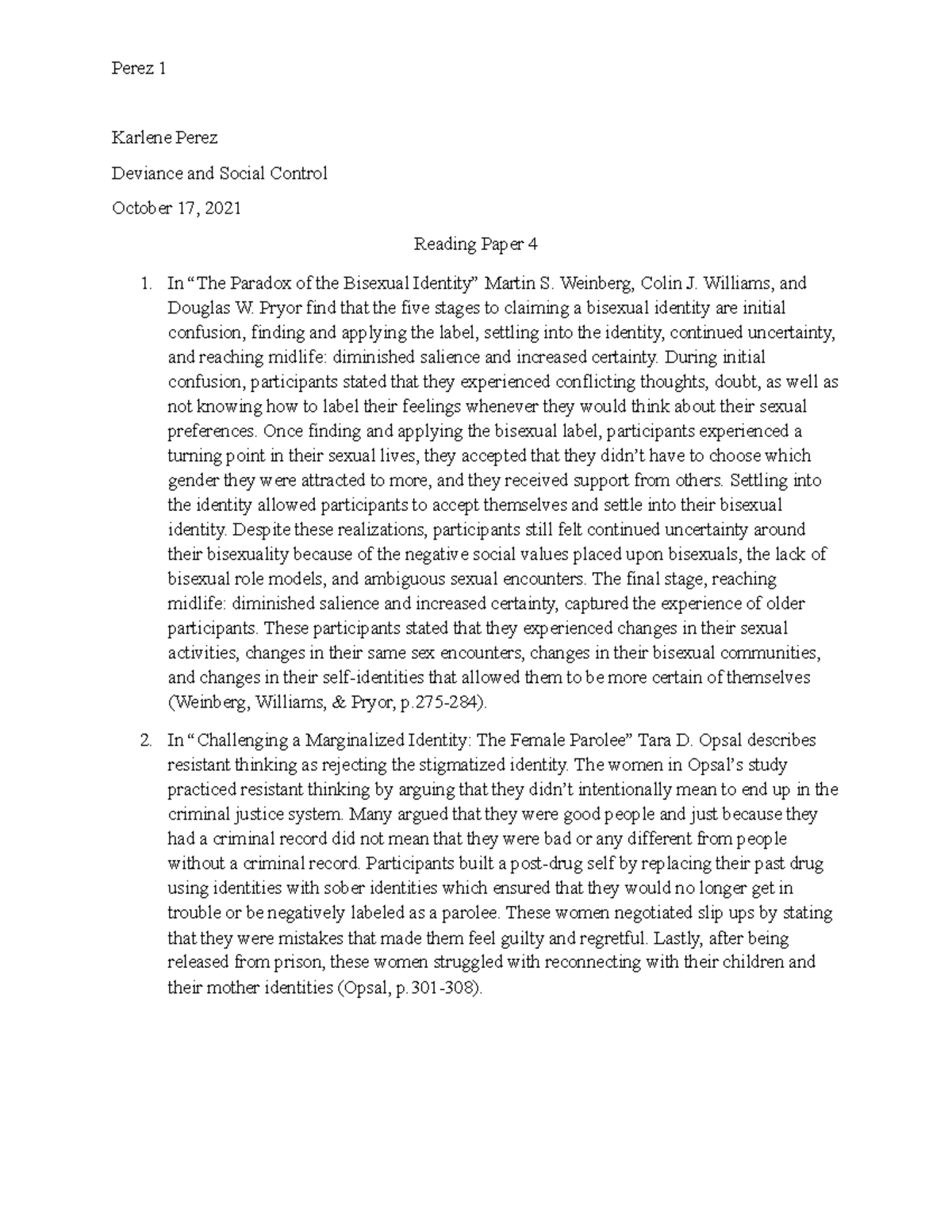Reading paper 4 socy 2440 - Perez 1 Karlene Perez Deviance and Social Control October 17, 2021 ...