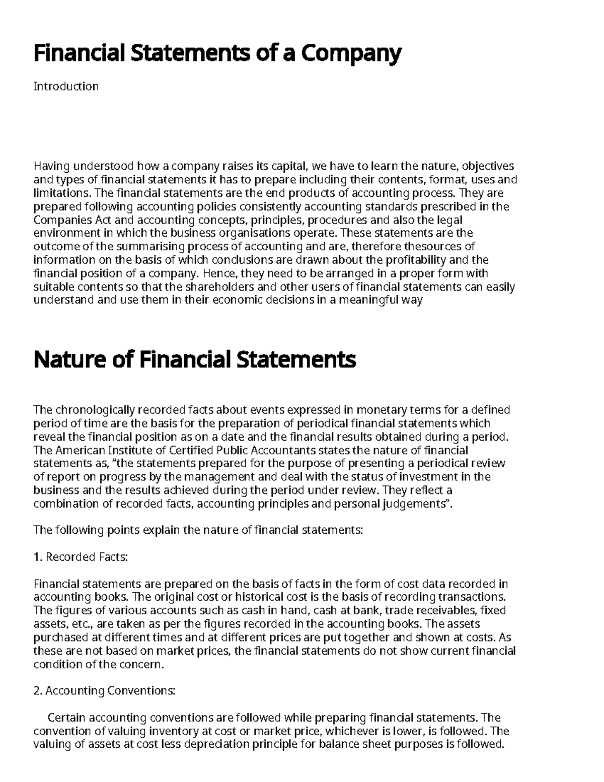 Financial statement of a company - Financial Statements of a Company ...