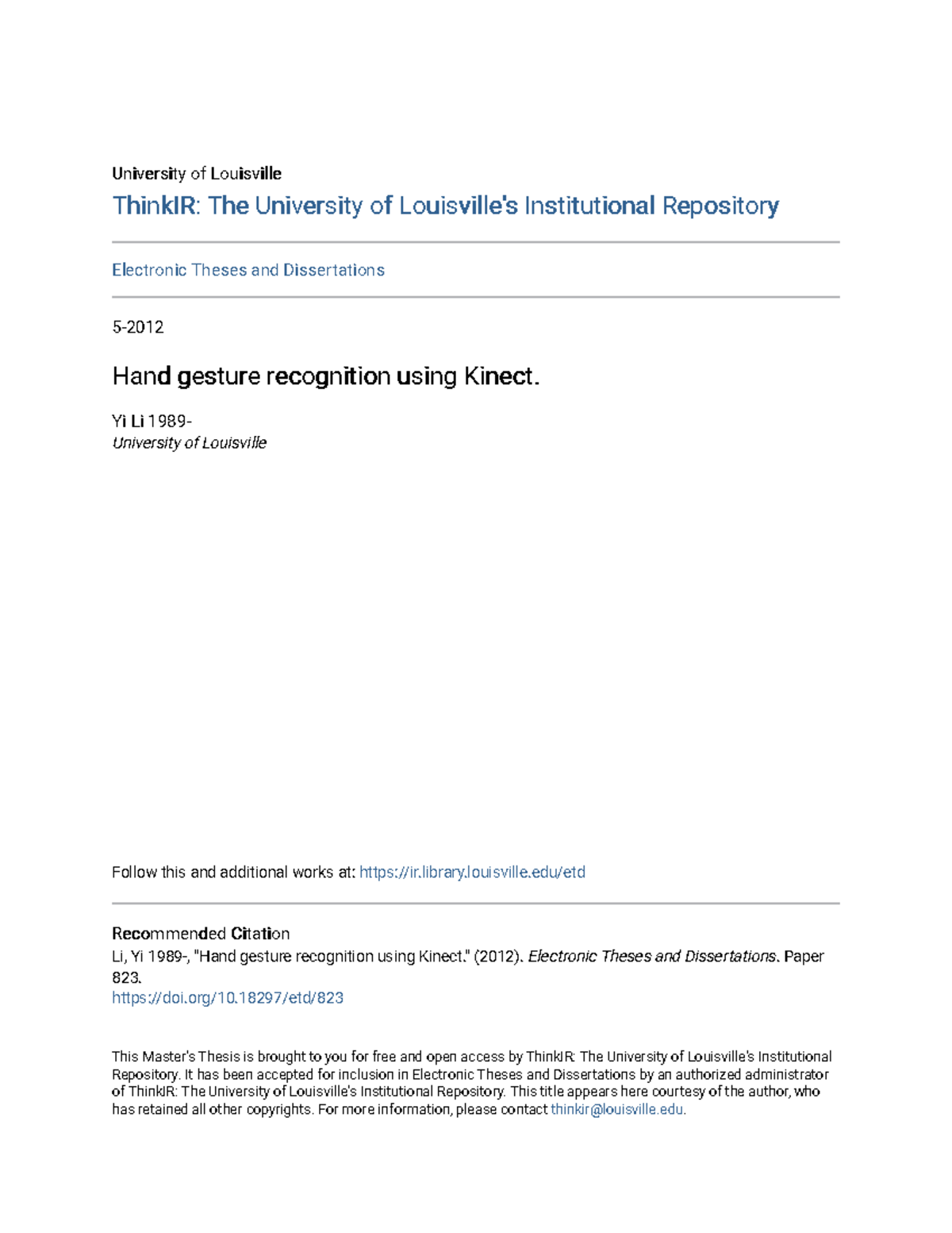 Hand gesture recognition using Kinect - ####### Yi Li 1989- University ...