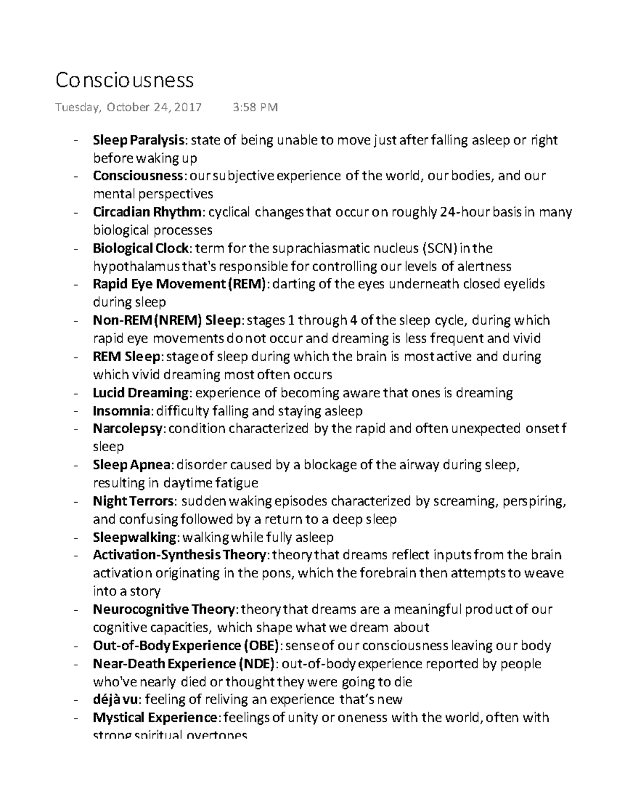 Consciousness - Lecture notes 5 - Consciousness Tuesday, October 24, 2 ...