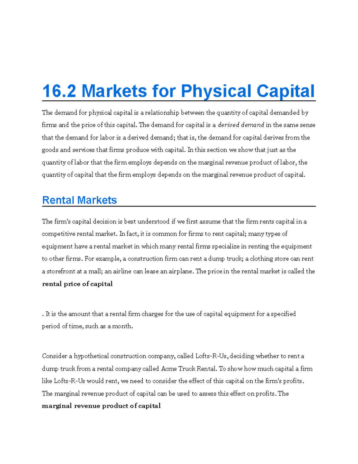 Chapter 16.2 Lecture Notes - 16 Markets for Physical Capital The demand ...