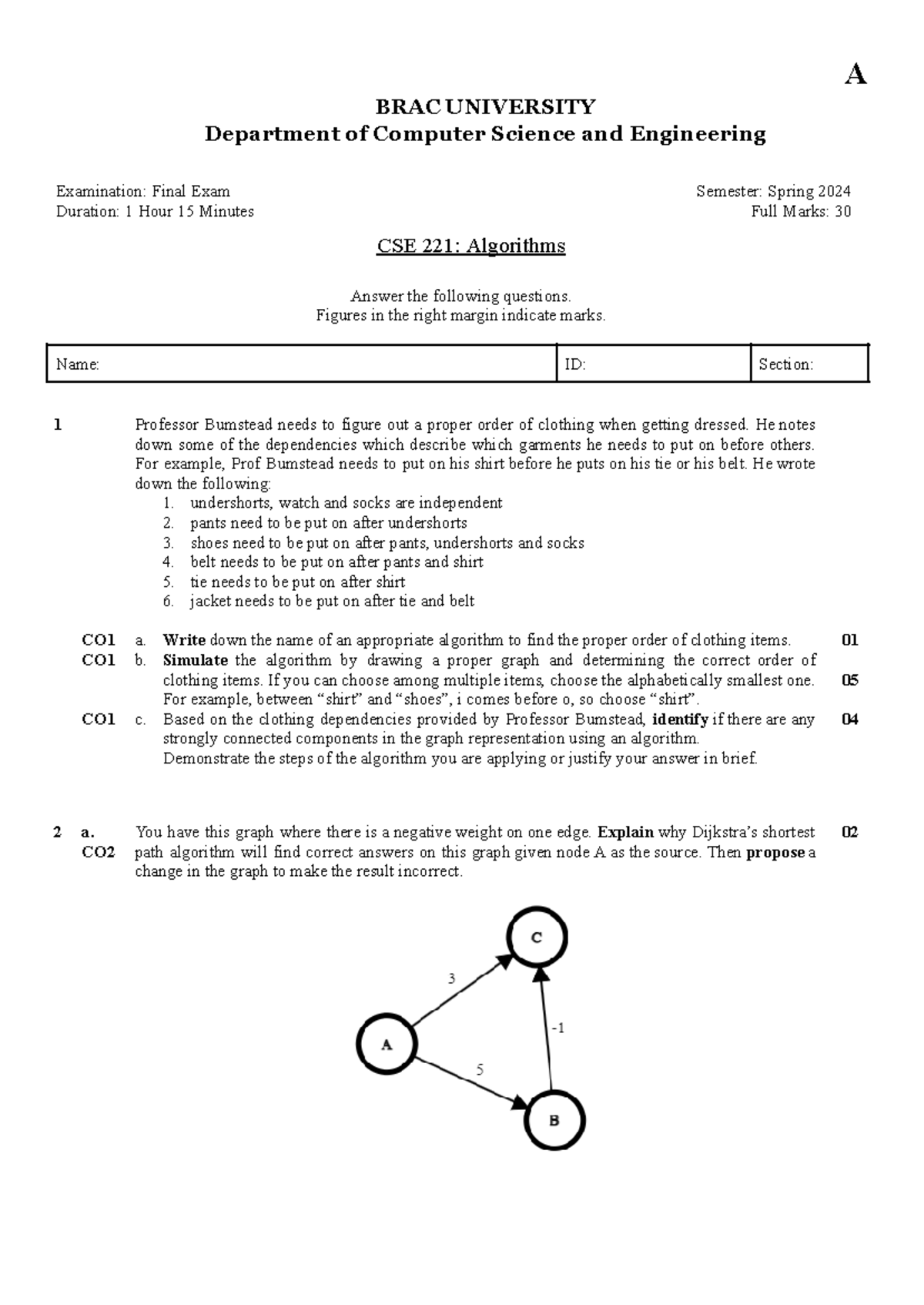 CSE221 Final Exam Spring 2024 Semester - A BRAC UNIVERSITY Department of Computer Science and ...
