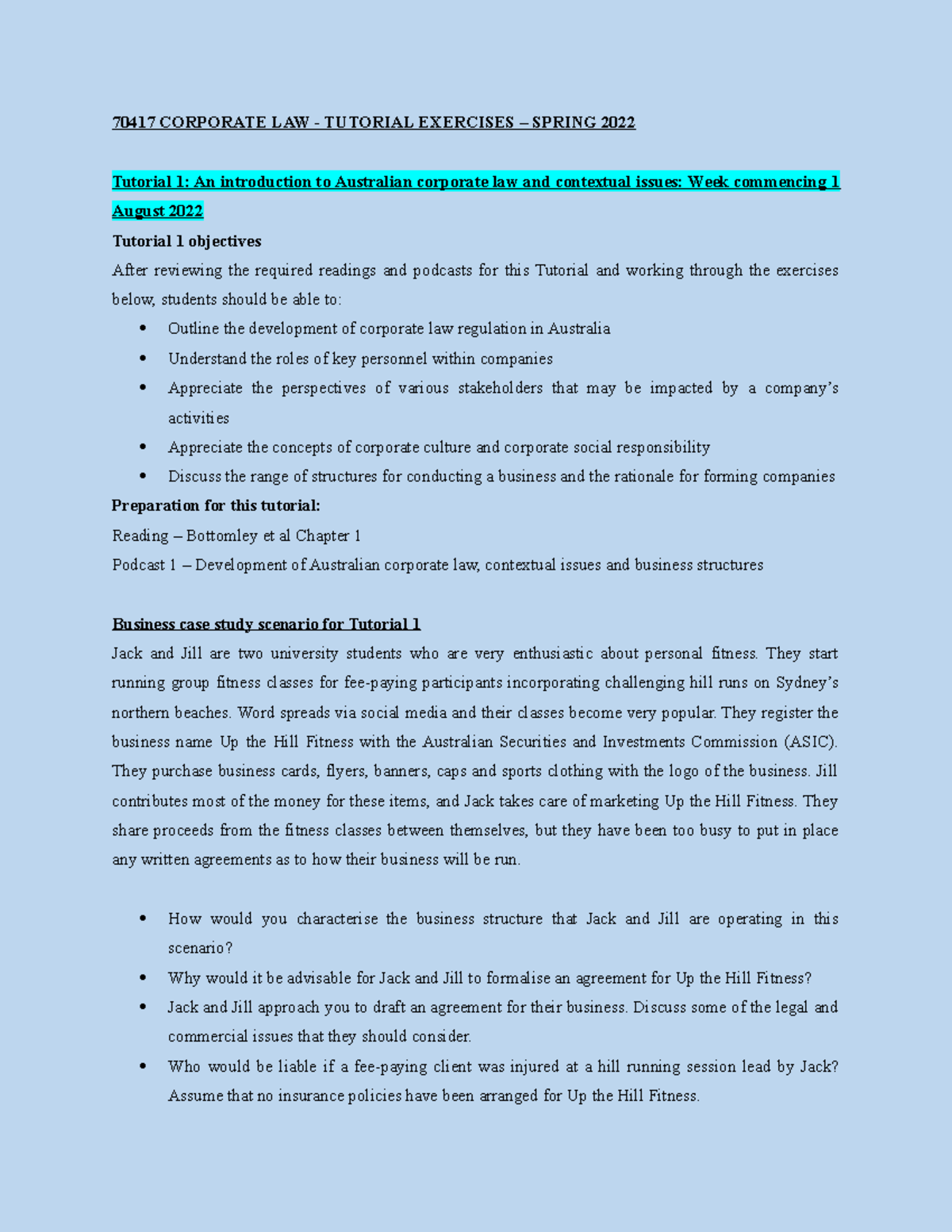 Spring 2022 Corporate Law Tutorial exercises - 70417 CORPORATE LAW ...