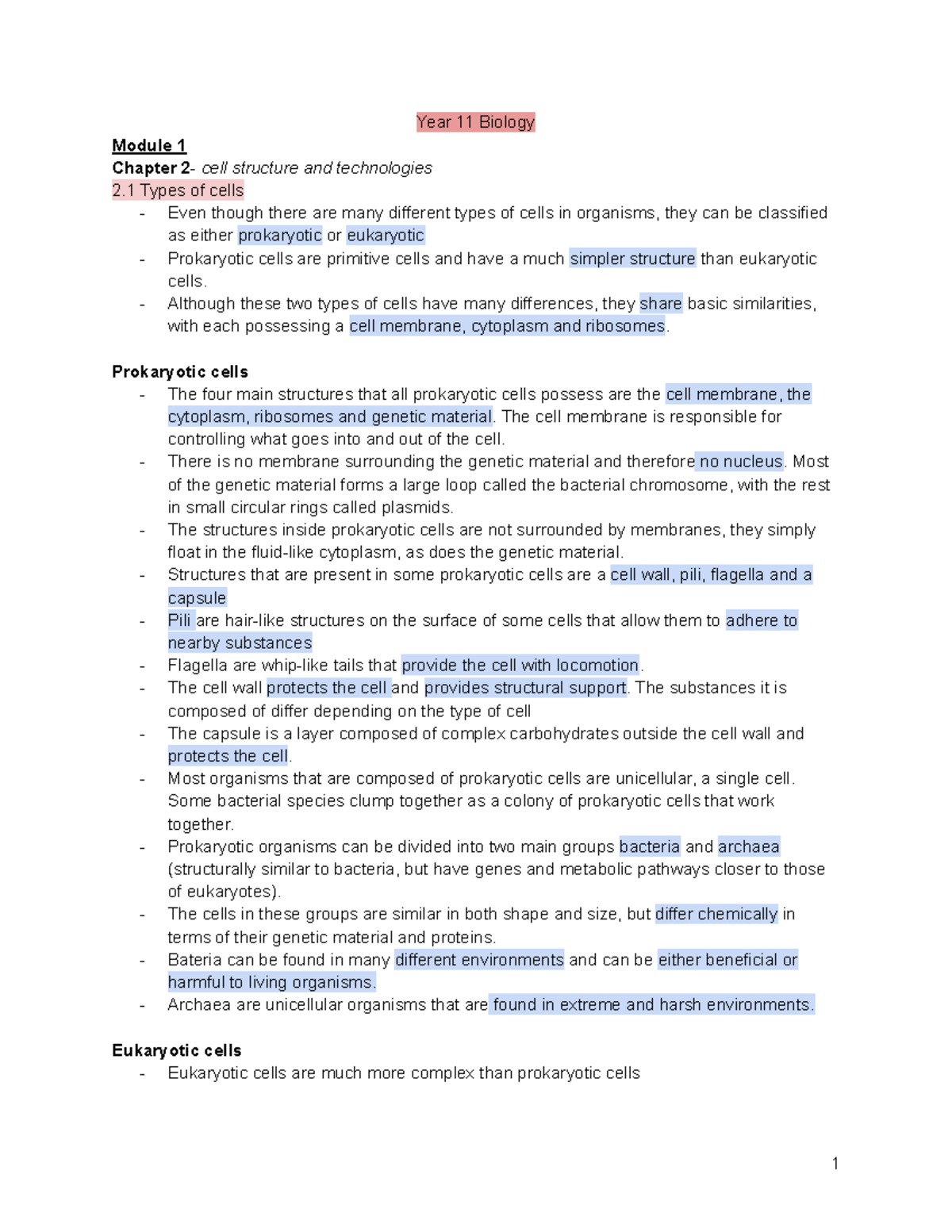 Year 11 Biology - Year 11 Biology Module 1 Chapter 2- cell structure ...