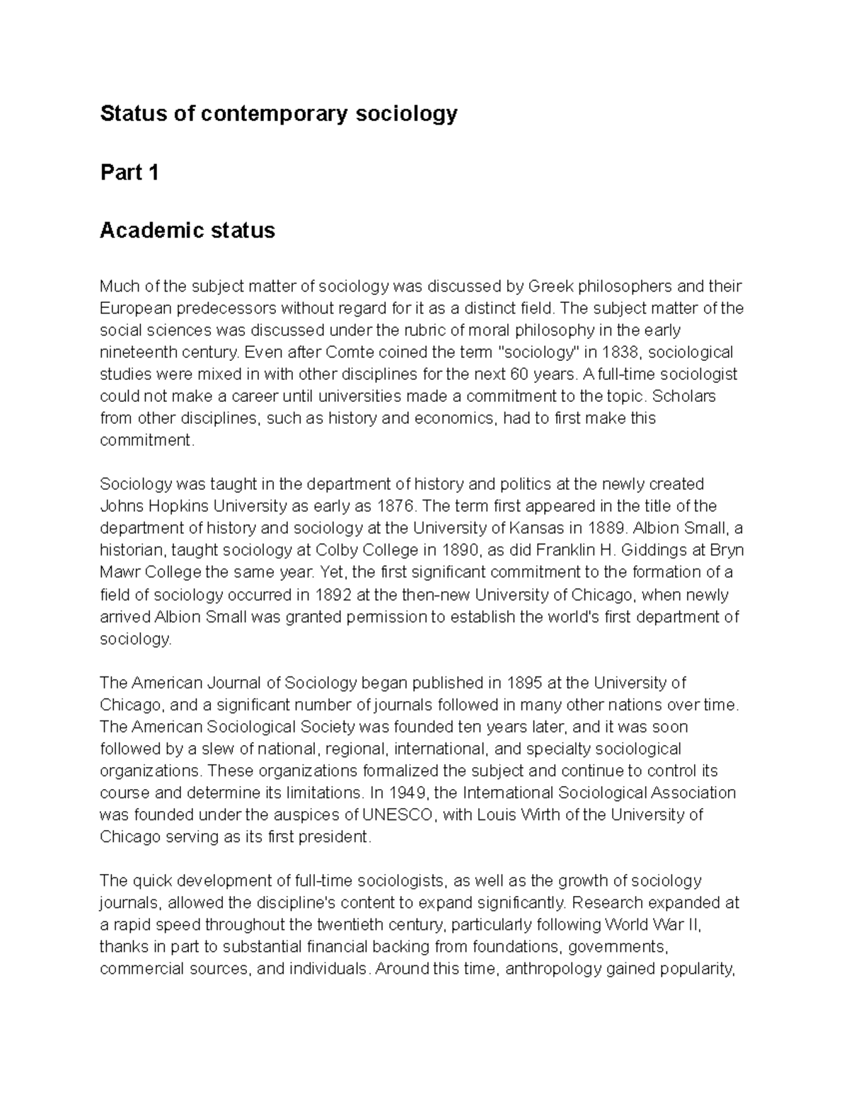 Part 1 of the academic status in Contemporary Sociology - Status of ...